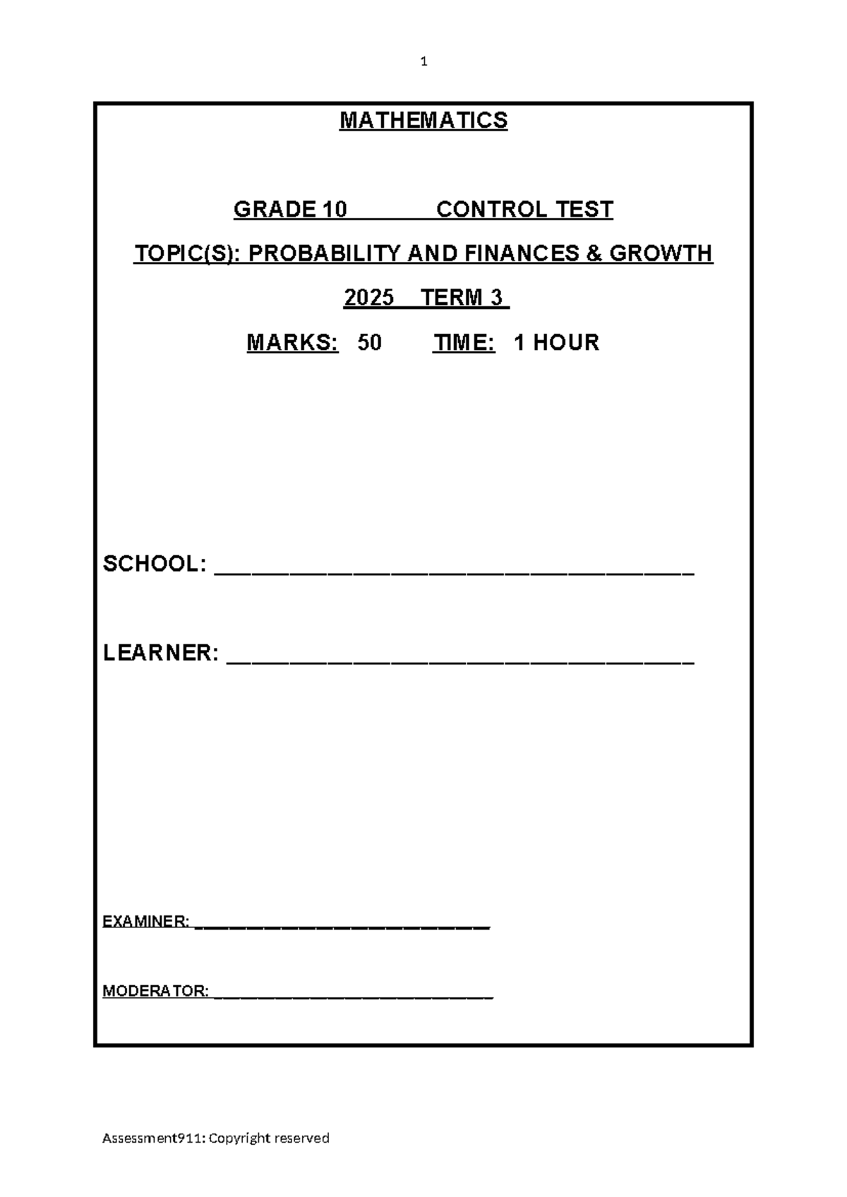 10MATH T3 Control Test: Probability & Finances 2025 - Studocu