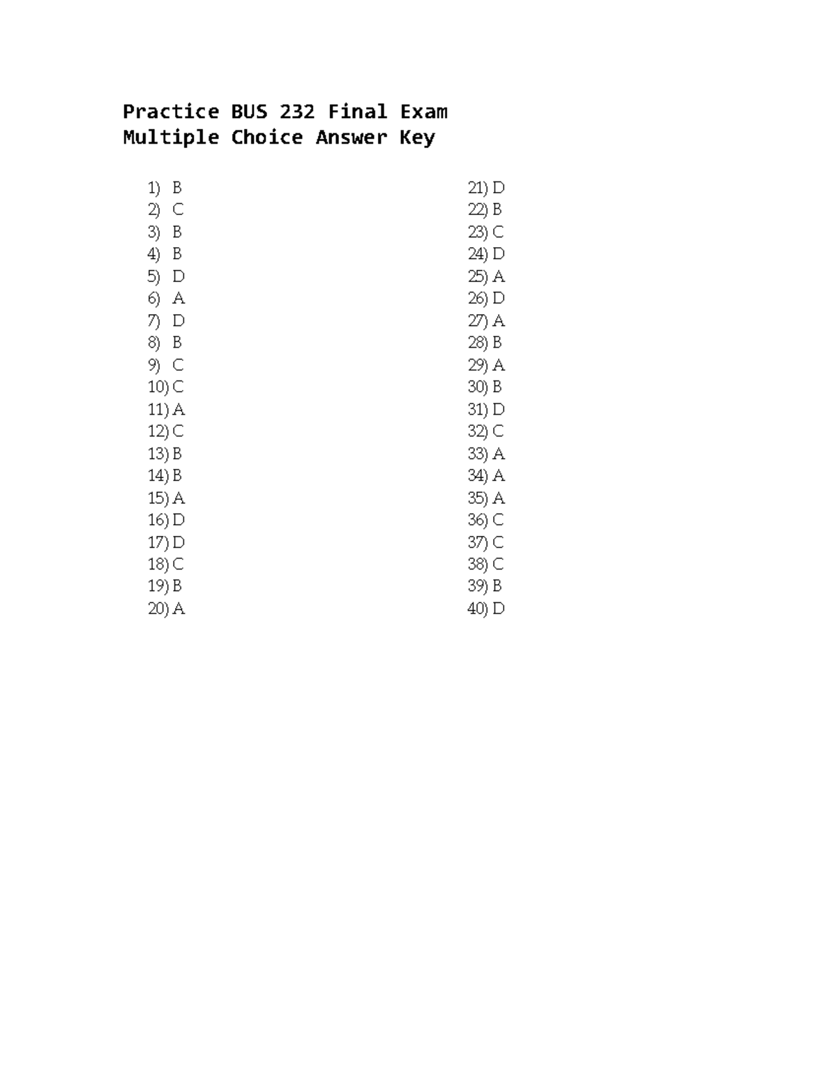 BUS 232 Practice Final Exam Answer Key and Analysis - Studocu