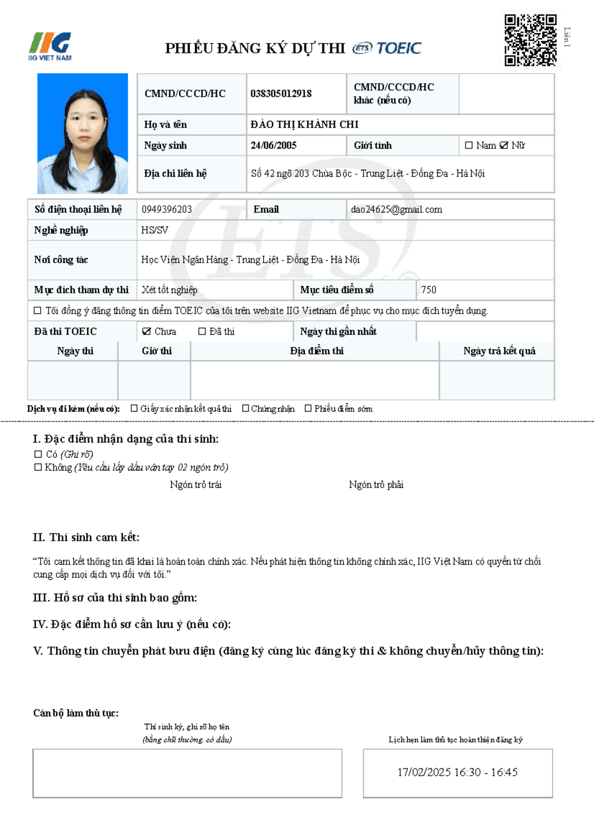 PHIẾU ĐĂNG KÝ DỰ THI TOEIC - ĐÀO THỊ KHÁNH CHI 038305012918 - Studocu