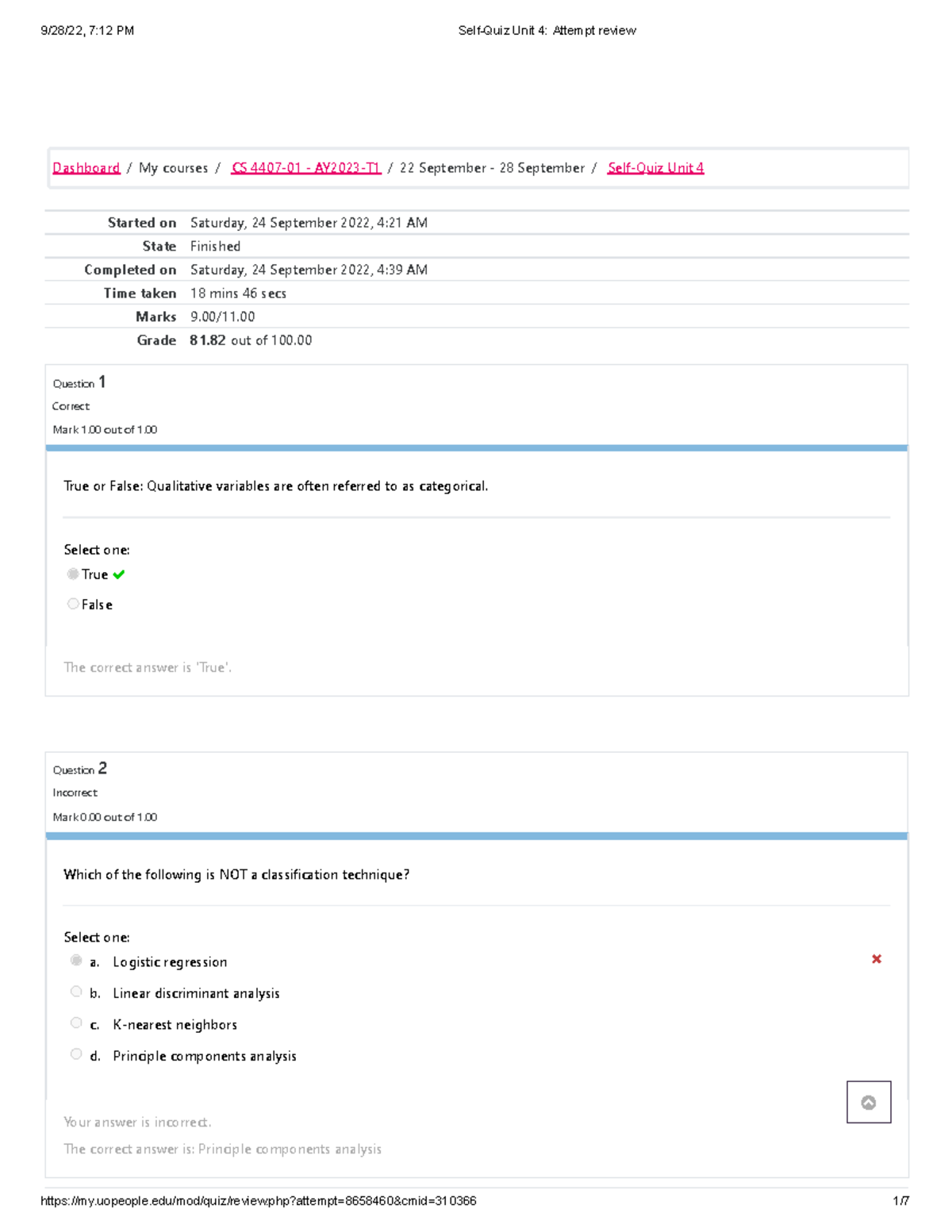 Self-Quiz Unit 4 Attempt review - Started on Saturday, 24 September 2022, 4:21 AM State Finished ...