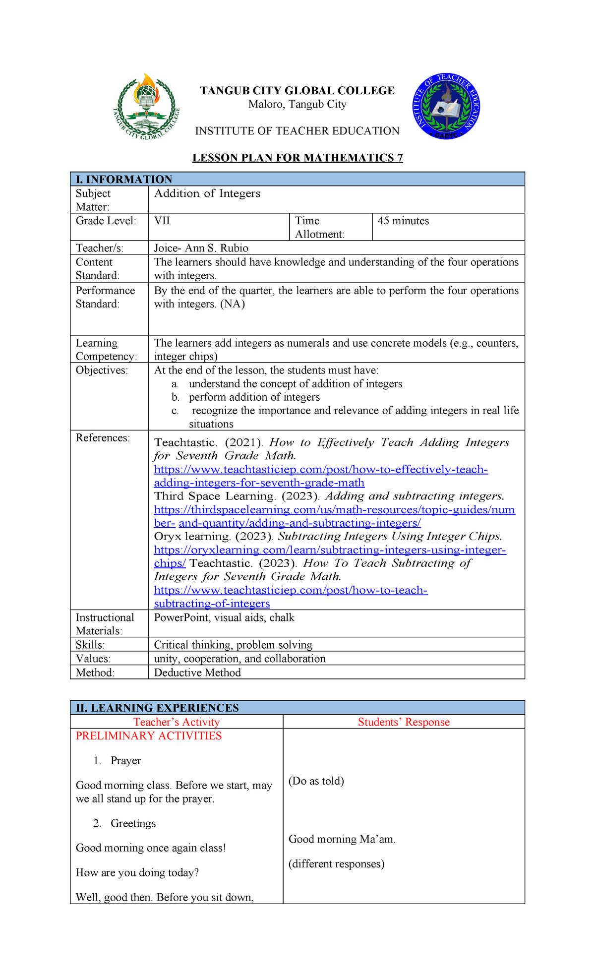 Mathematics 7: Lesson Plan on Adding Integers for Grade VII - Studocu