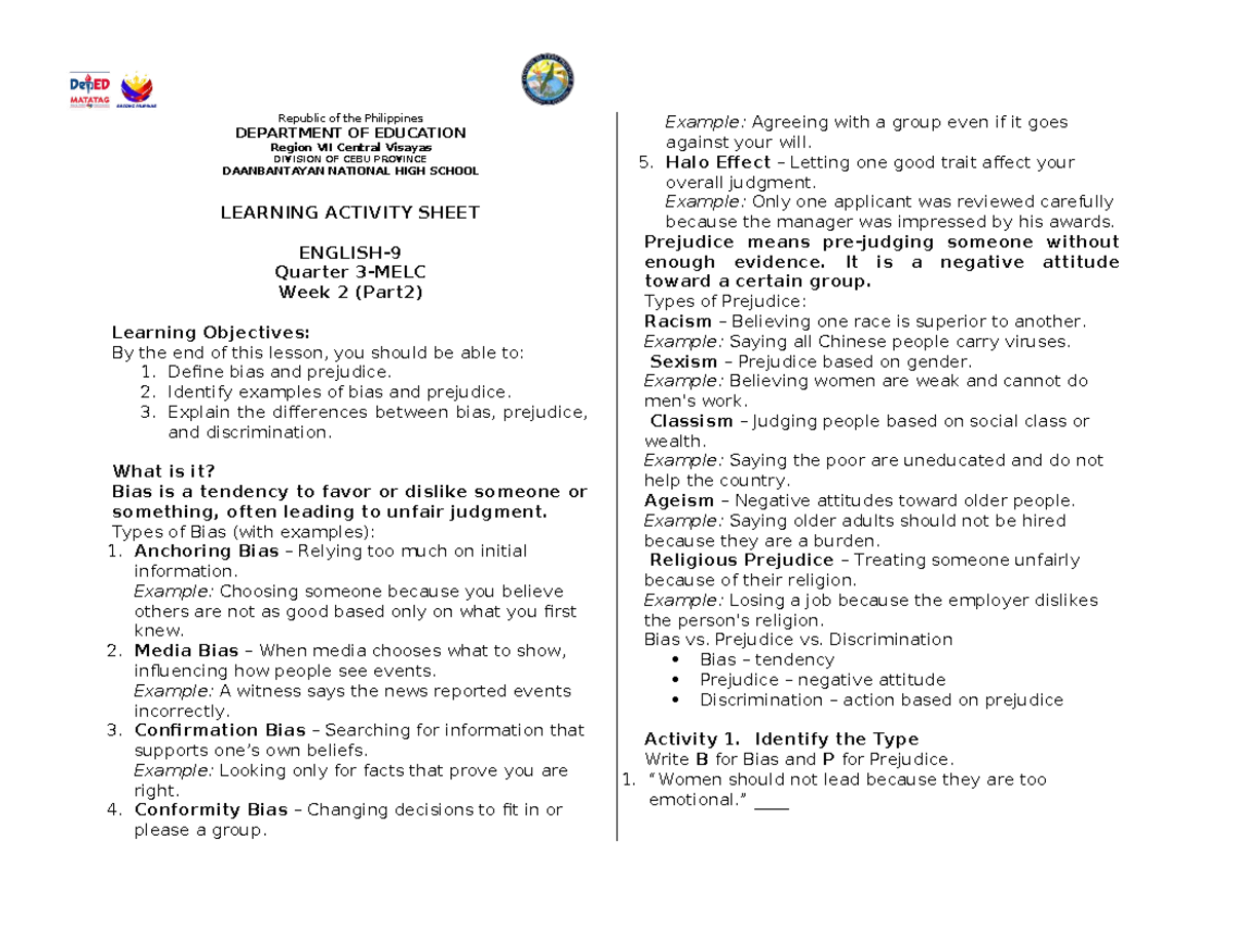 English 9 LAS: Understanding Bias and Prejudice - Week 2 Activities ...