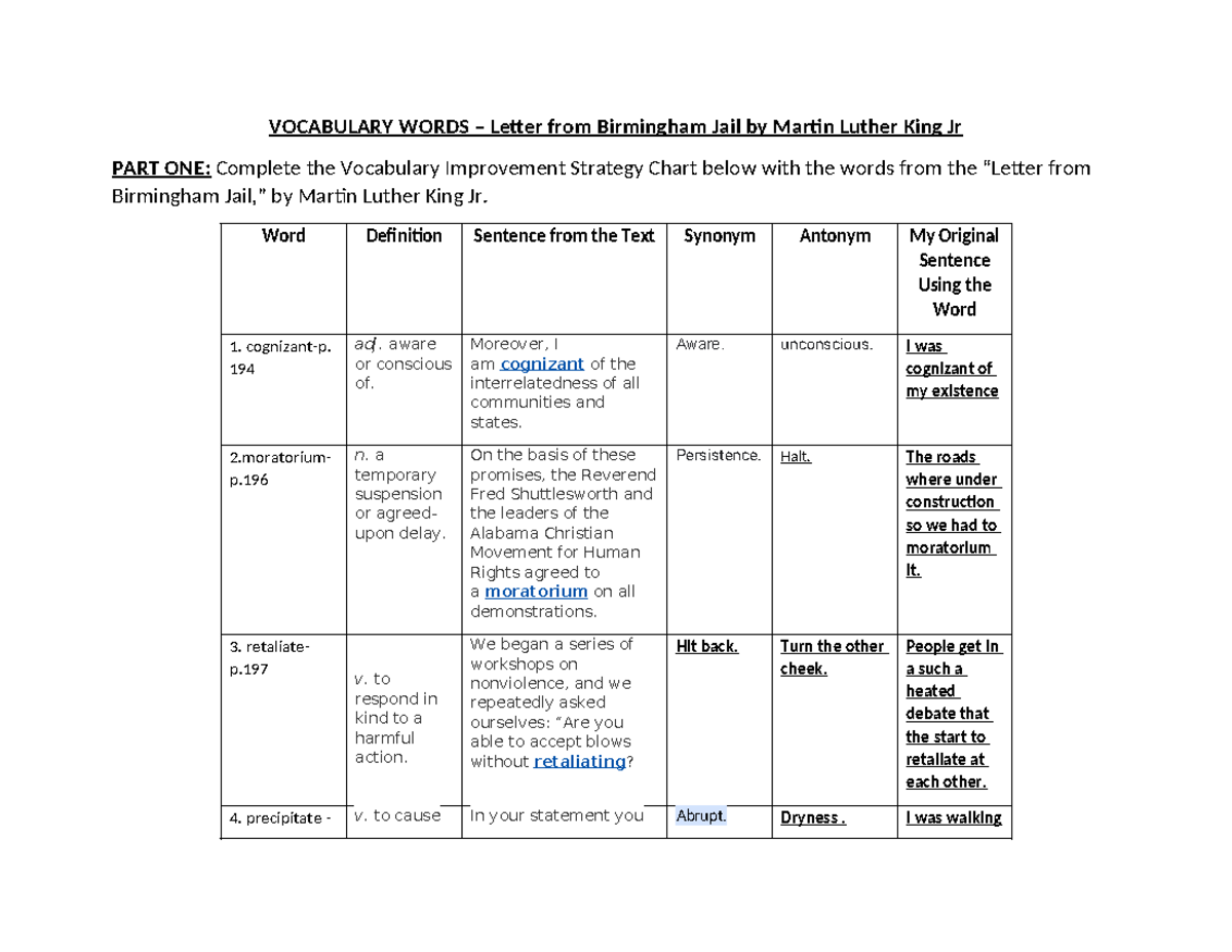 Vocabulary Improvement Chart - Letter from Birmingham Jail (MLK Jr ...
