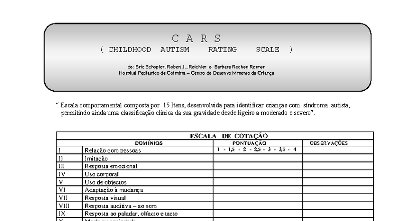 C A R S (Childhood Autism Rating Scale) - Escala de Avaliação - Studocu