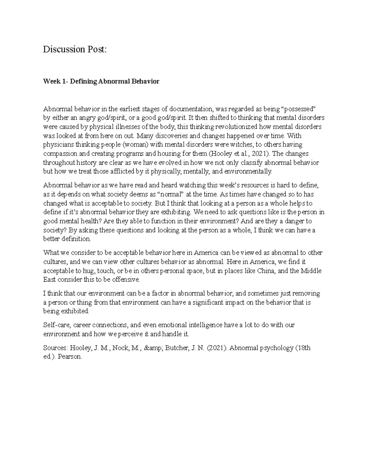 Discussion post for all weeks - Discussion Post: Week Defining Abnormal ...