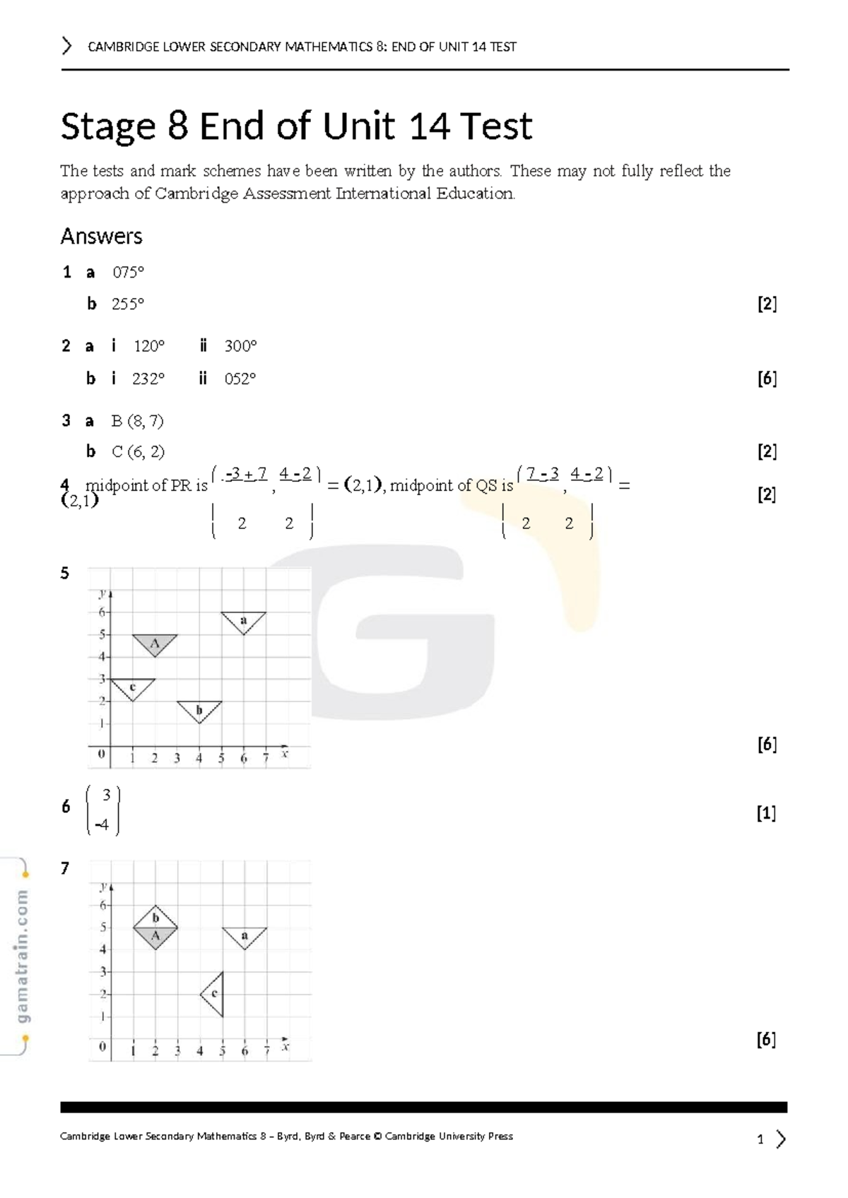 CAMBRIDGE LOWER SECONDARY MATH 8: UNIT 14 TEST ANSWERS - Studocu