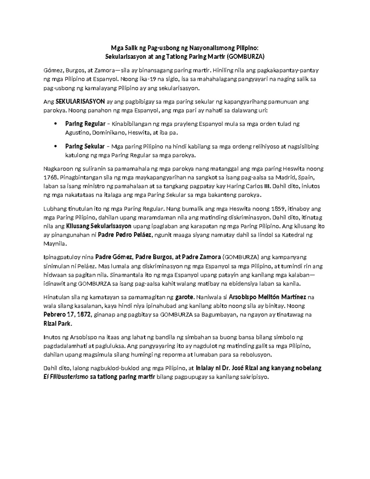 Sekularisasyon at ang Tatlong Paring Martir ( Gomburza) Handout - Mga ...