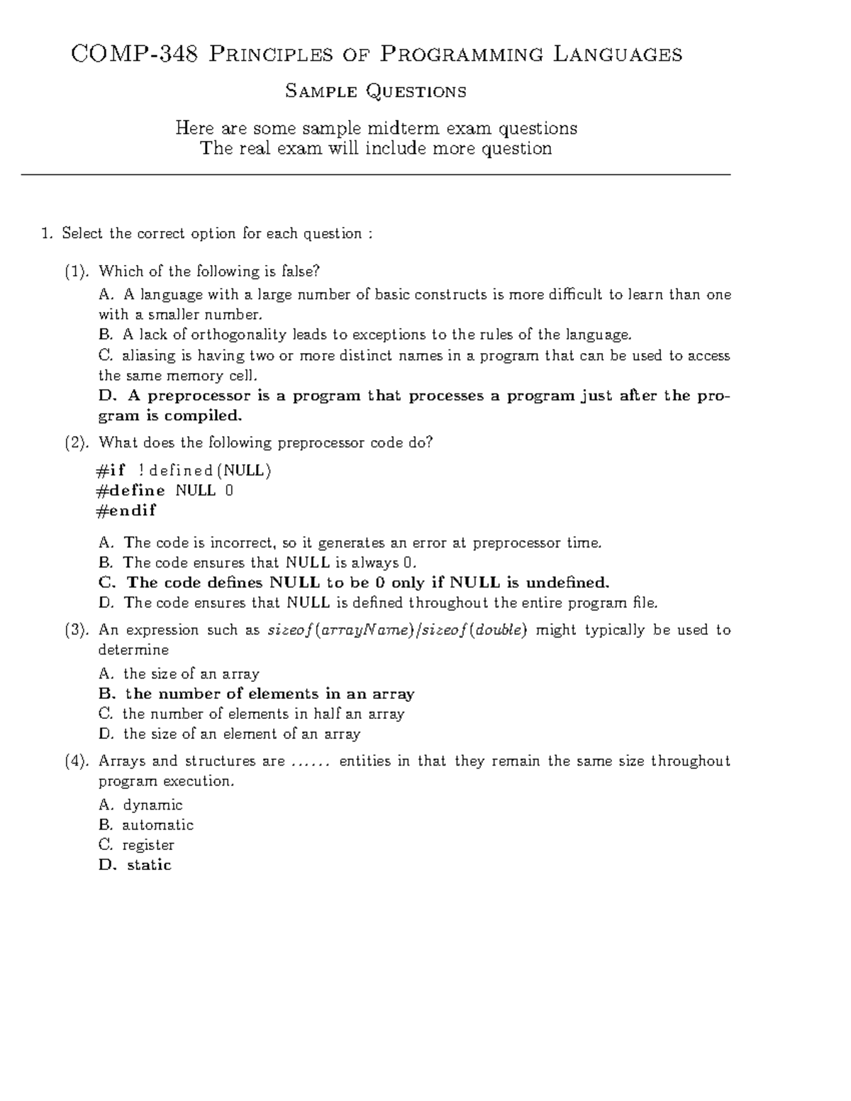 COMP 348 - Midterm Sample Questions on Programming Languages - Studocu