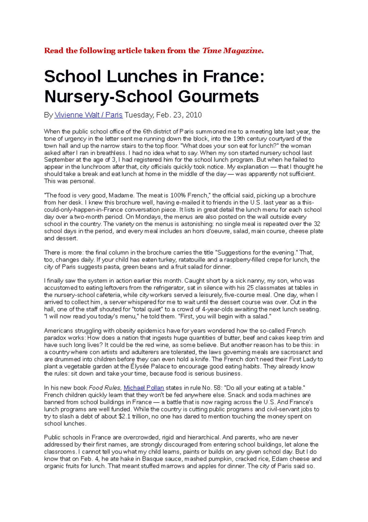 Reading Comprehension Exercises on School Lunches in France 30899 - Studocu