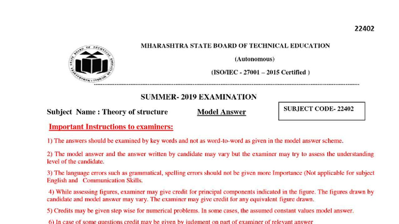 22402 Summer 2019 Model Answer Paper for Theory of Structures - Studocu