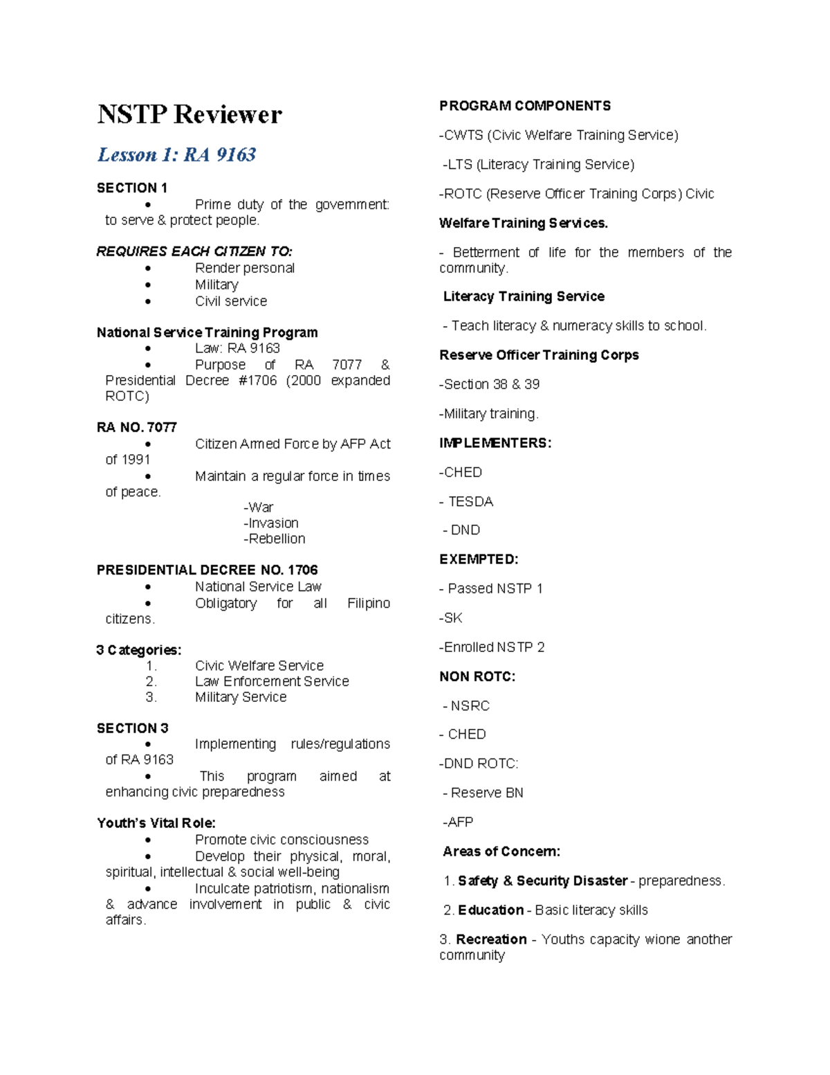 Final NSTP Notes: Civic Welfare, Literacy, and Drug Awareness - Studocu