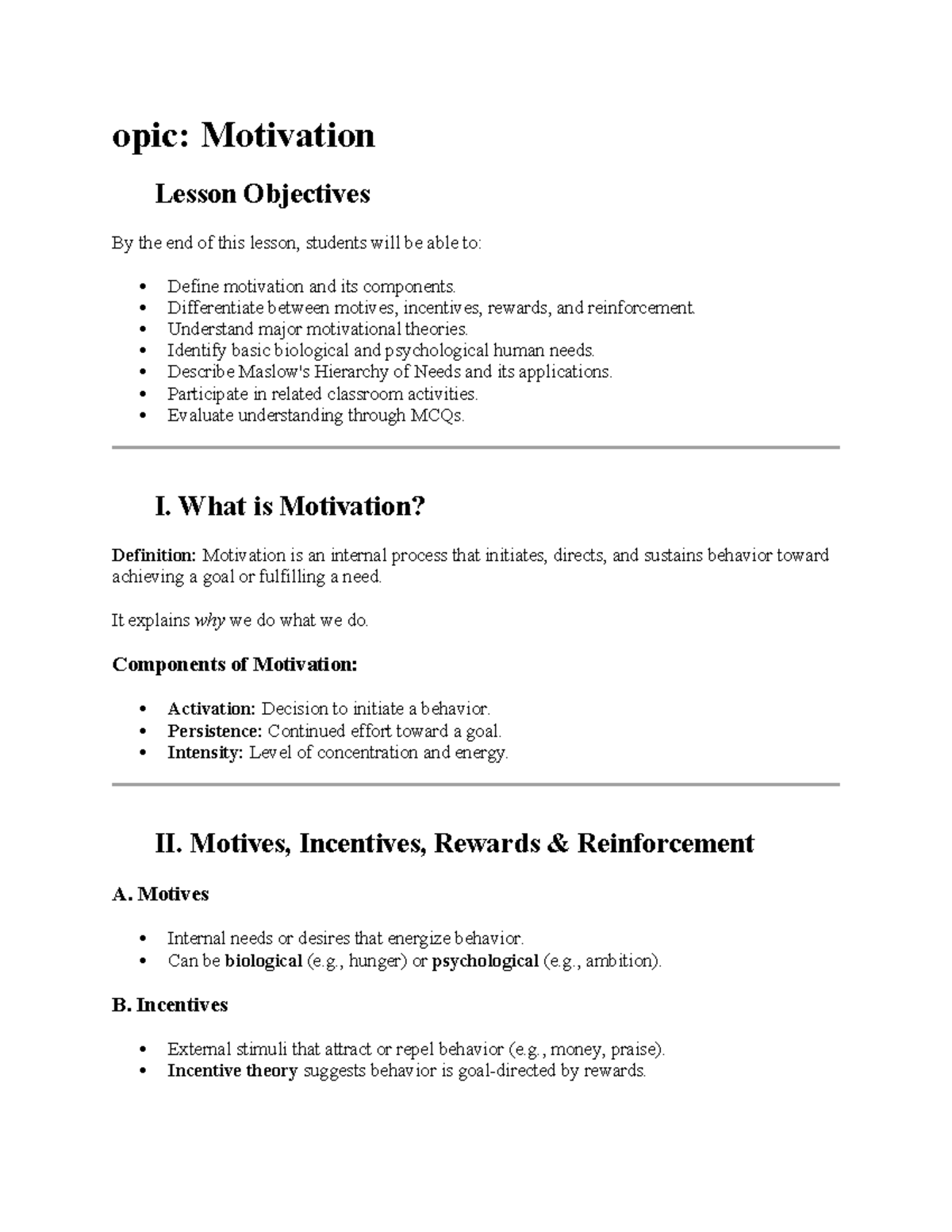 Motivation Lesson Objectives - Understanding Key Theories and ...