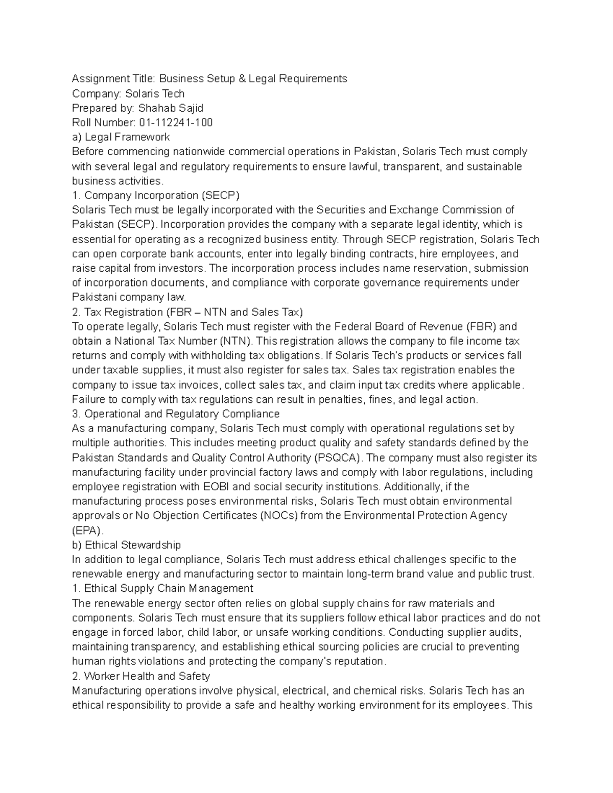 Entrepreneurship Assignment: Legal & Ethical Requirements for Solaris ...