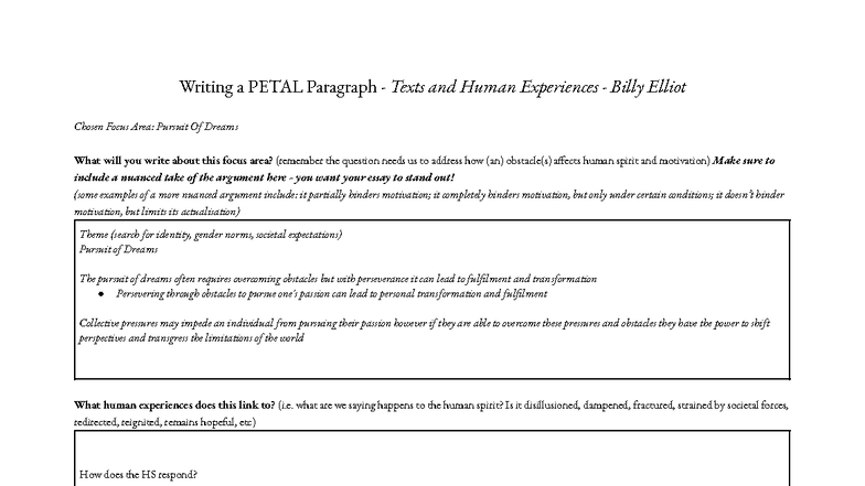 Billy Elliot: PETAL Paragraph on Pursuit of Dreams and Obstacles - Studocu