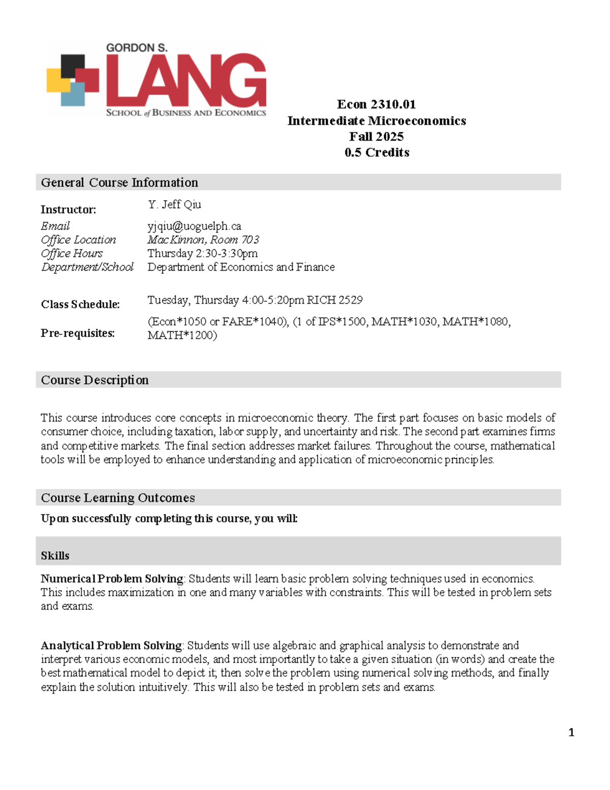 Econ 2310.01 Intermediate Microeconomics Syllabus - Fall 2025 - Studocu
