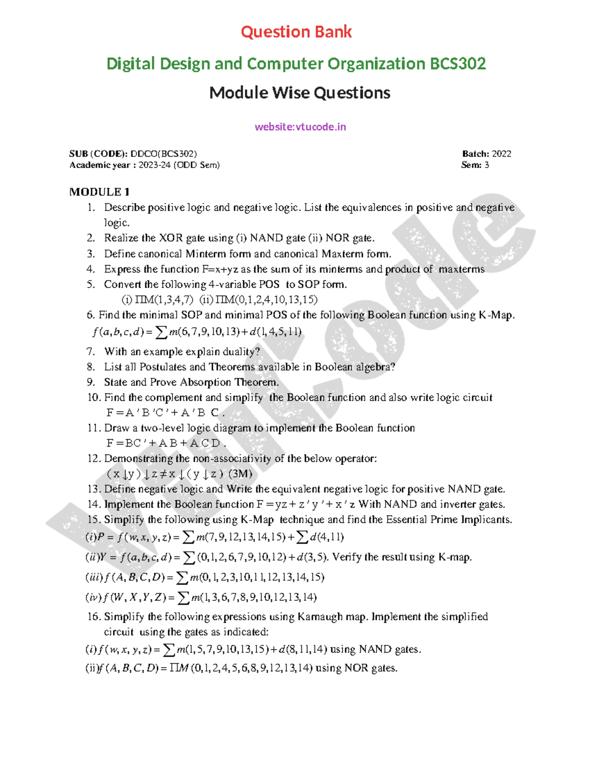 Module Wise Question Bank for Digital Design & Computer Organization DDCO (BCS3 02) - Studocu