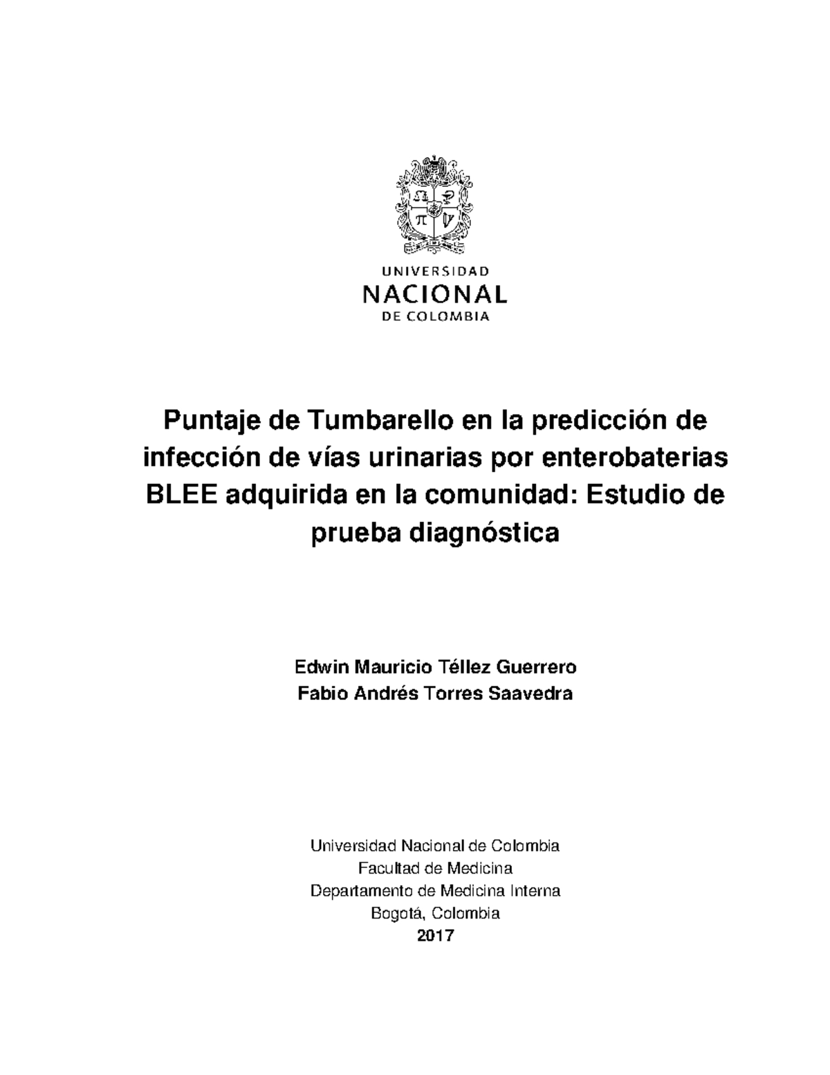 Puntaje de Tumbarello en la Predicción de Infección Urinaria por BLEE ...