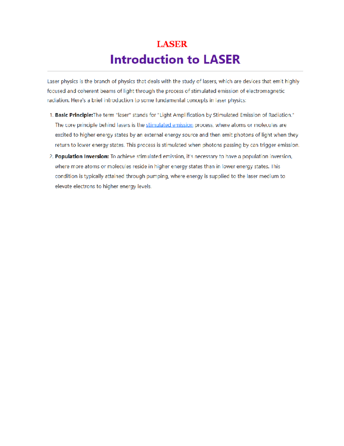 LASER: Production and Working Principles Explained - Studocu