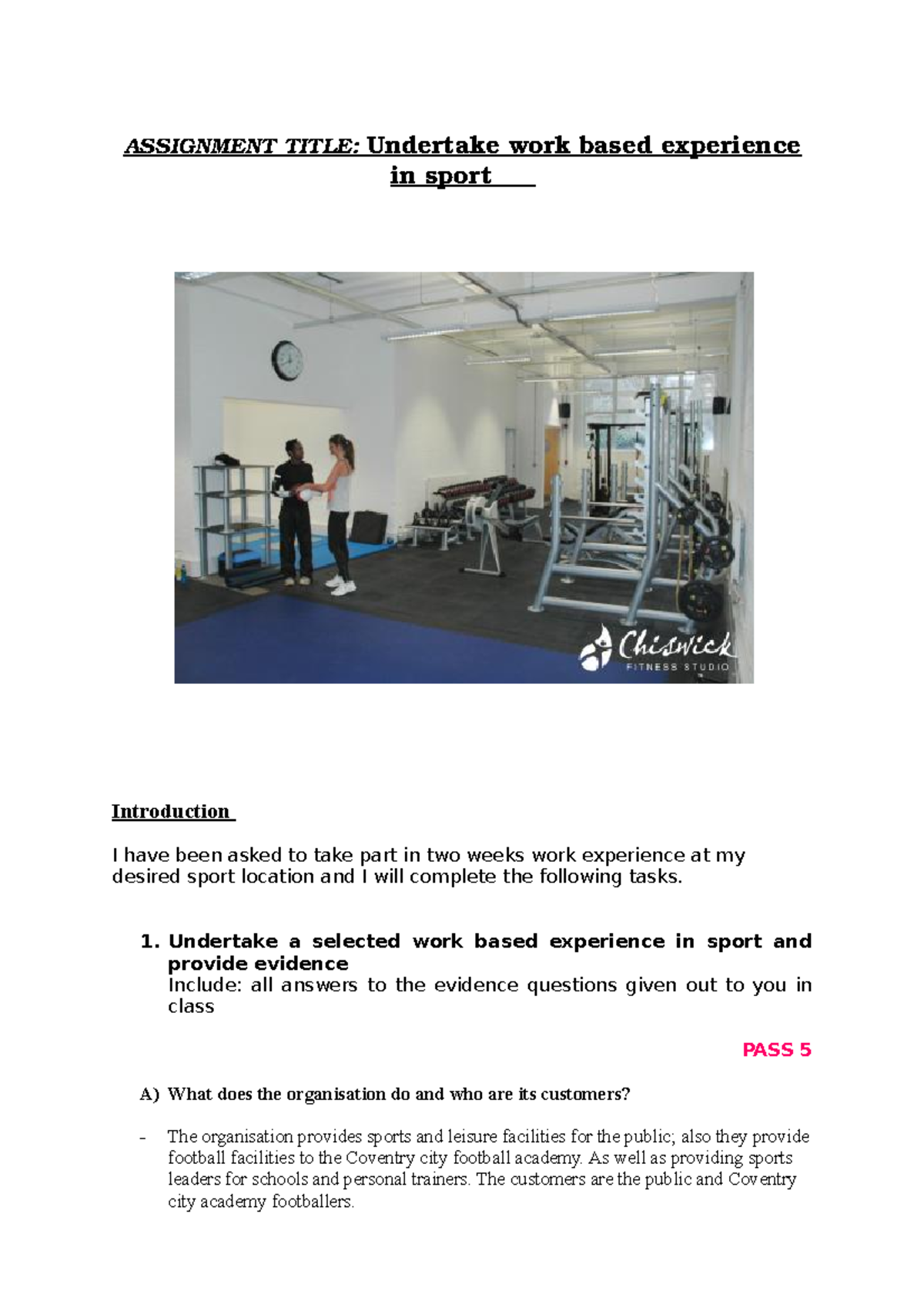 Undertake work based experience in sport - ASSIGNMENT TITLE: Undertake ...
