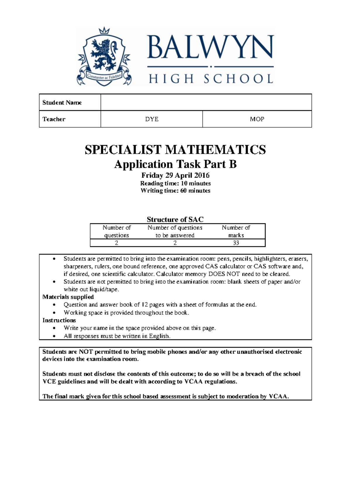 2016 MAS Specialist Mathematics Application Task Part B - Studocu