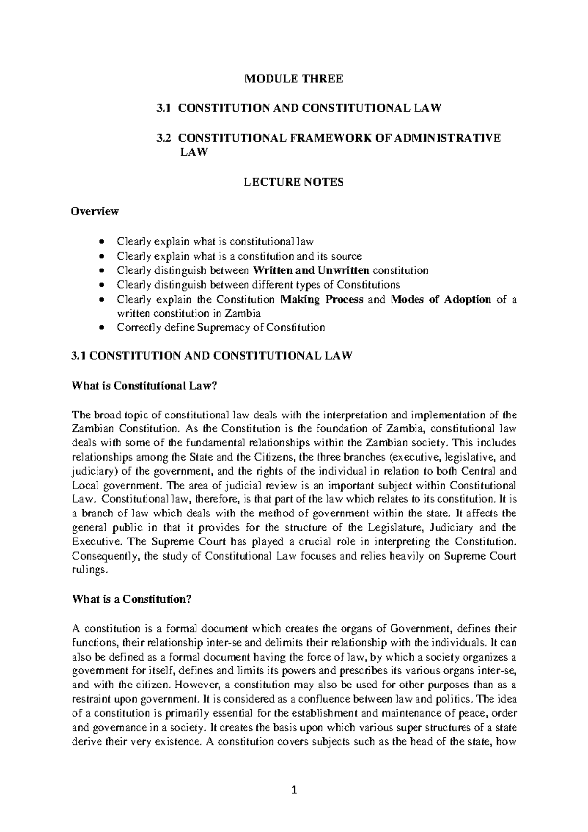 MODULE 3: LECTURE NOTES ON CONSTITUTIONAL LAW AND FRAMEWORK - Studocu