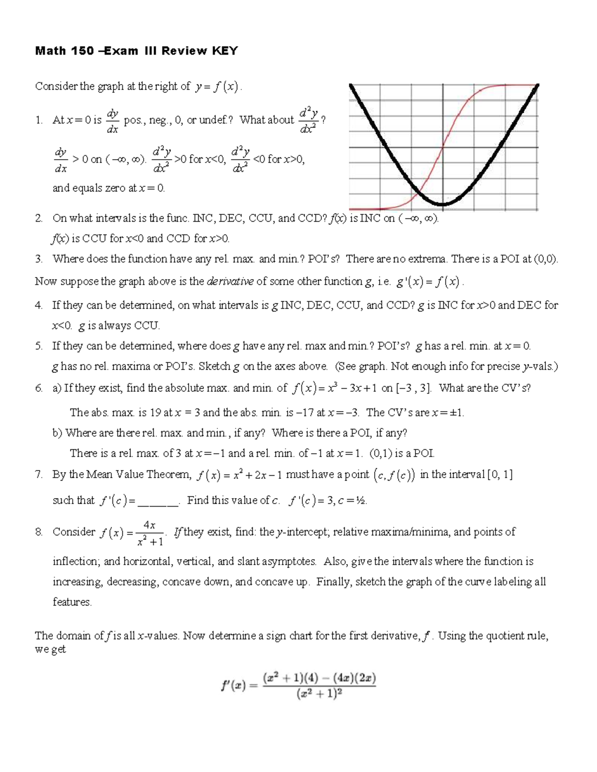 Math 150 Exam 3 Review KEY 2025: Functions, Derivatives, and Graphs ...