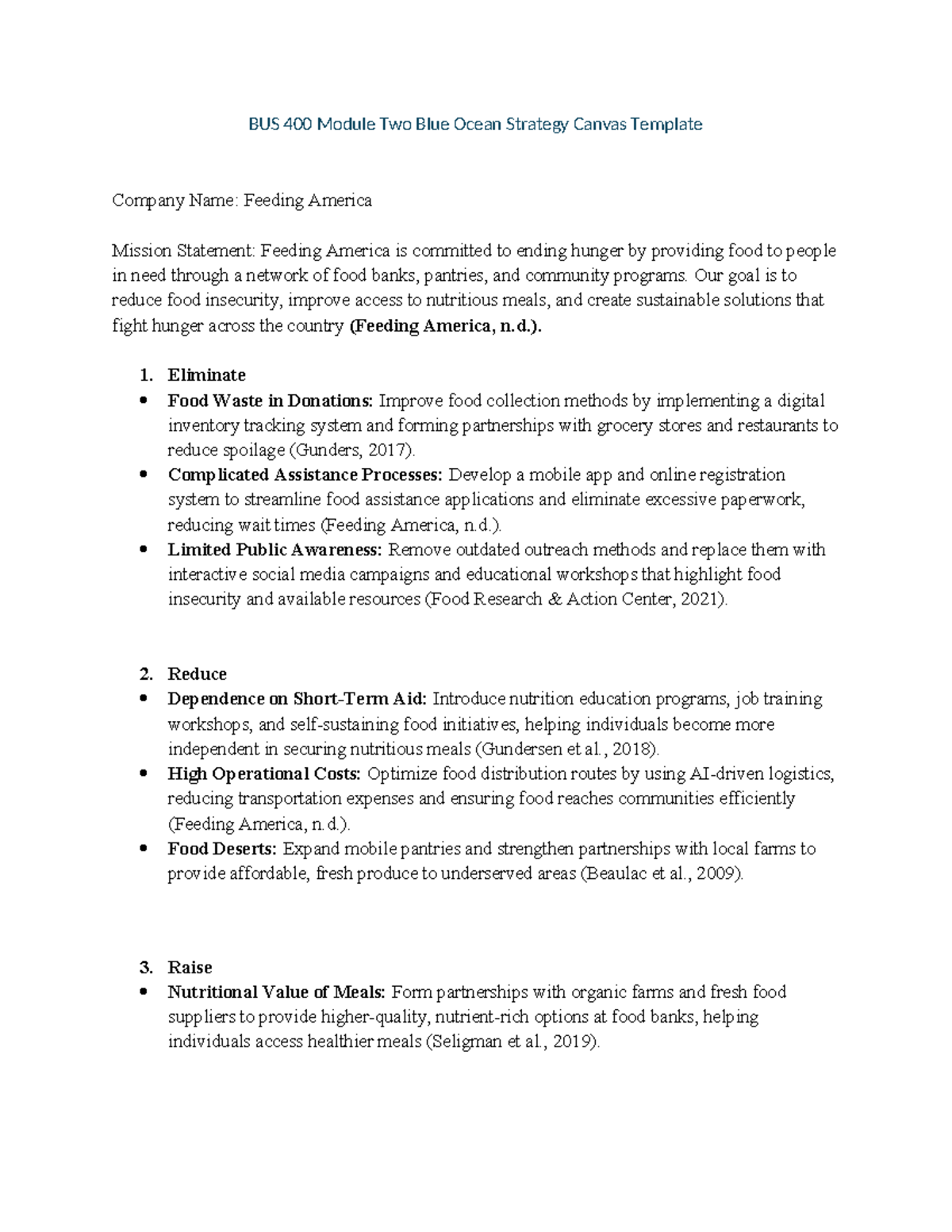 BUS 400 Module Two Discussion: Blue Ocean Strategy for Feeding America ...