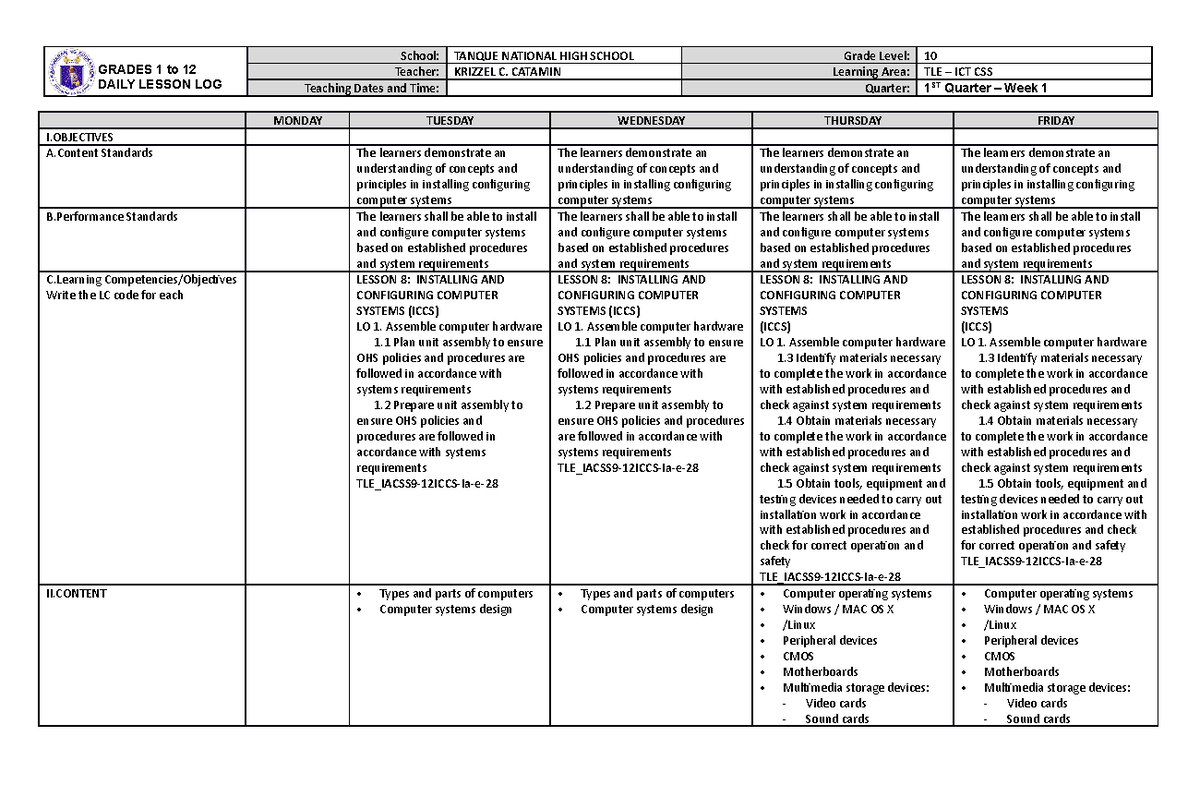 TLE ICT 10 - Daily Lesson Log for Quarter 1, Week 1 - Studocu