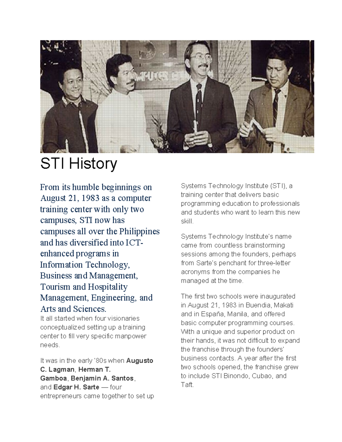 STI History: From Training Center to Educational Leader (569335098-02 ...