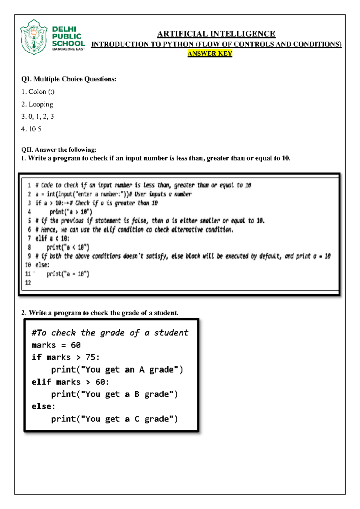 AI PYTHON CONTROL FLOW & CONDITIONS ANSWER KEY QI-QII - Studocu