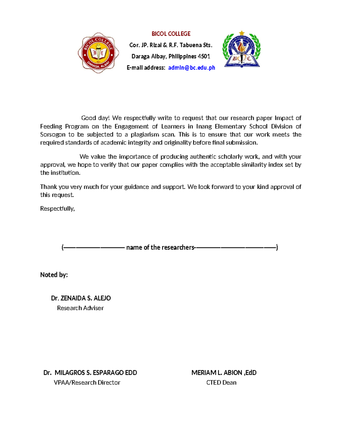 Plagscan Request for Research Paper on Feeding Program - Studocu