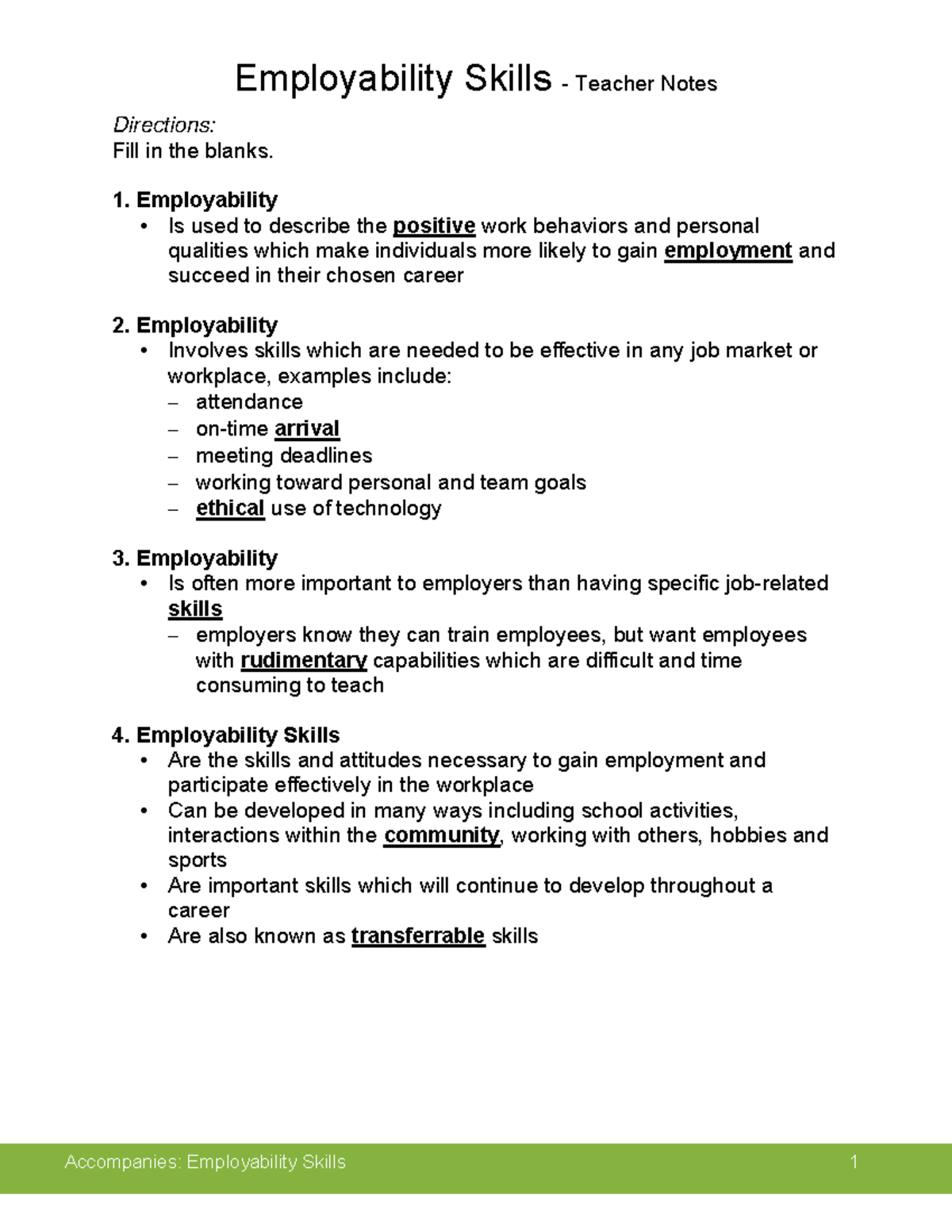 Employability skills teacher notes - Directions: Fill in the blanks ...