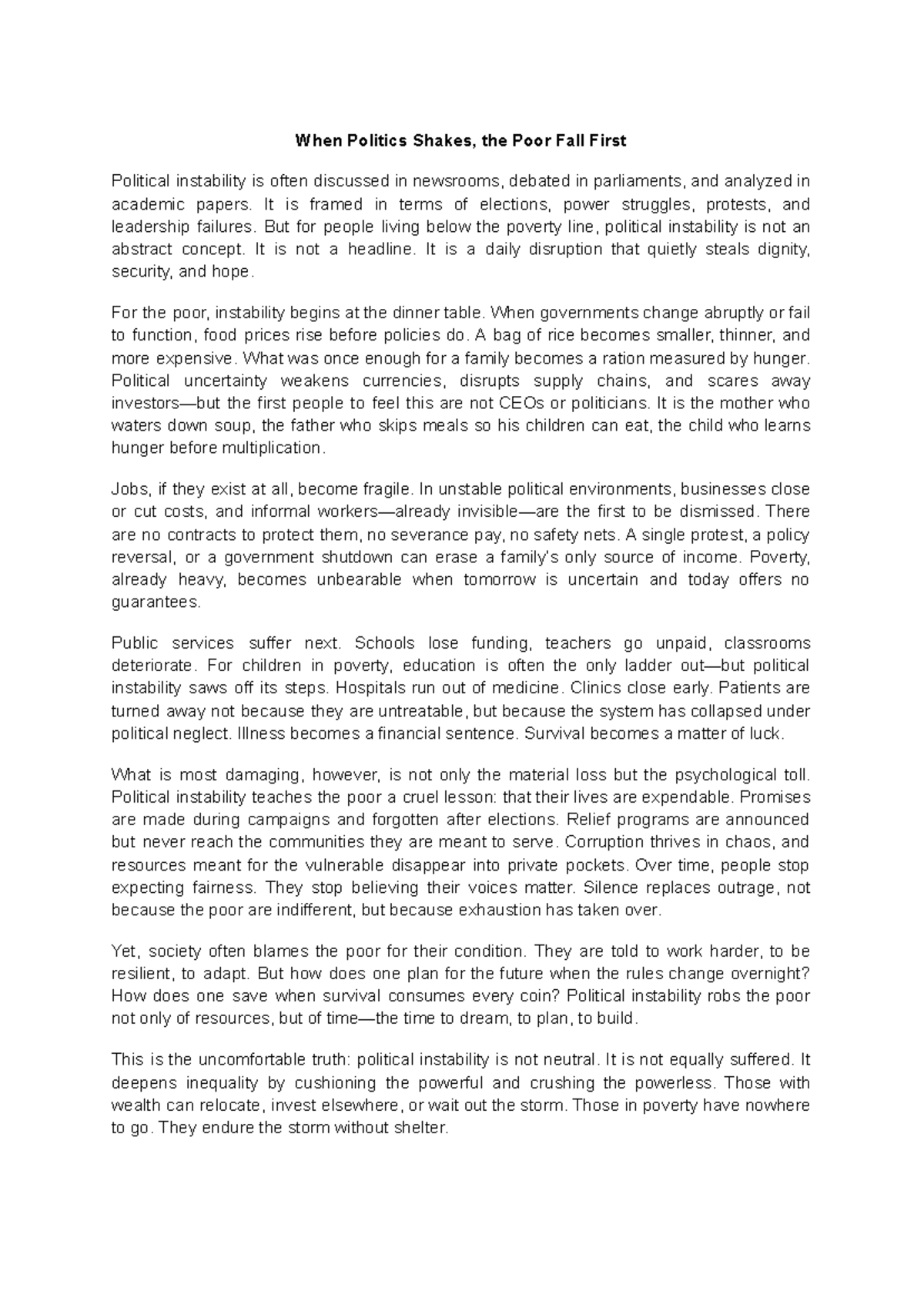 Essay: Political Instability and Its Impact on the Poor - Studocu