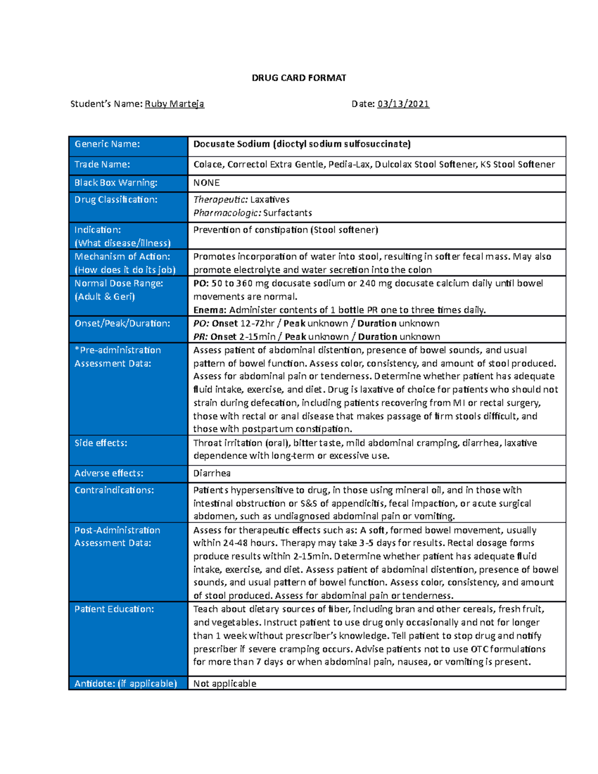 Drug Card: Docusate Sodium (Colace) for Constipation Management - Studocu