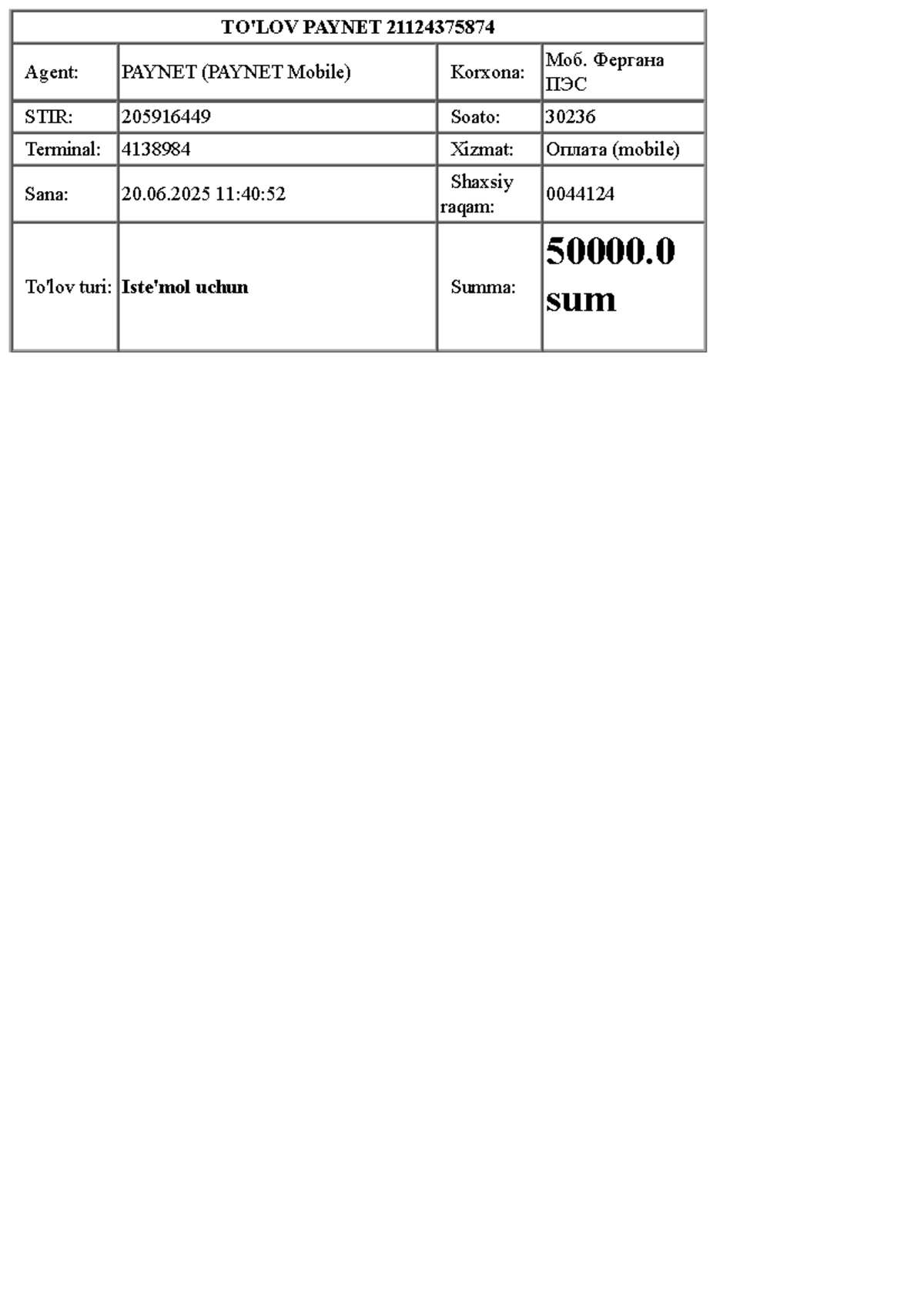 Электроэнергия - Sbsb djdjjd. Dhh - Economy - TO'LOV PAYNET 21124375874 ...