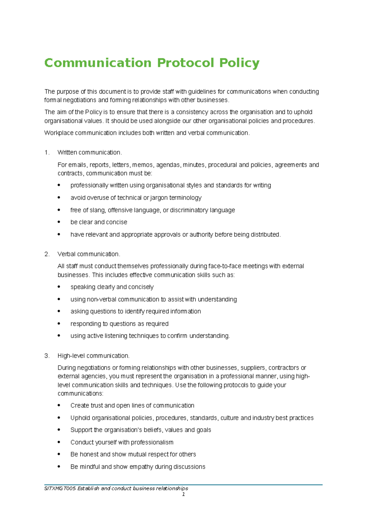 SITXMGT005 Communication Protocol Policy for Business Relationships ...
