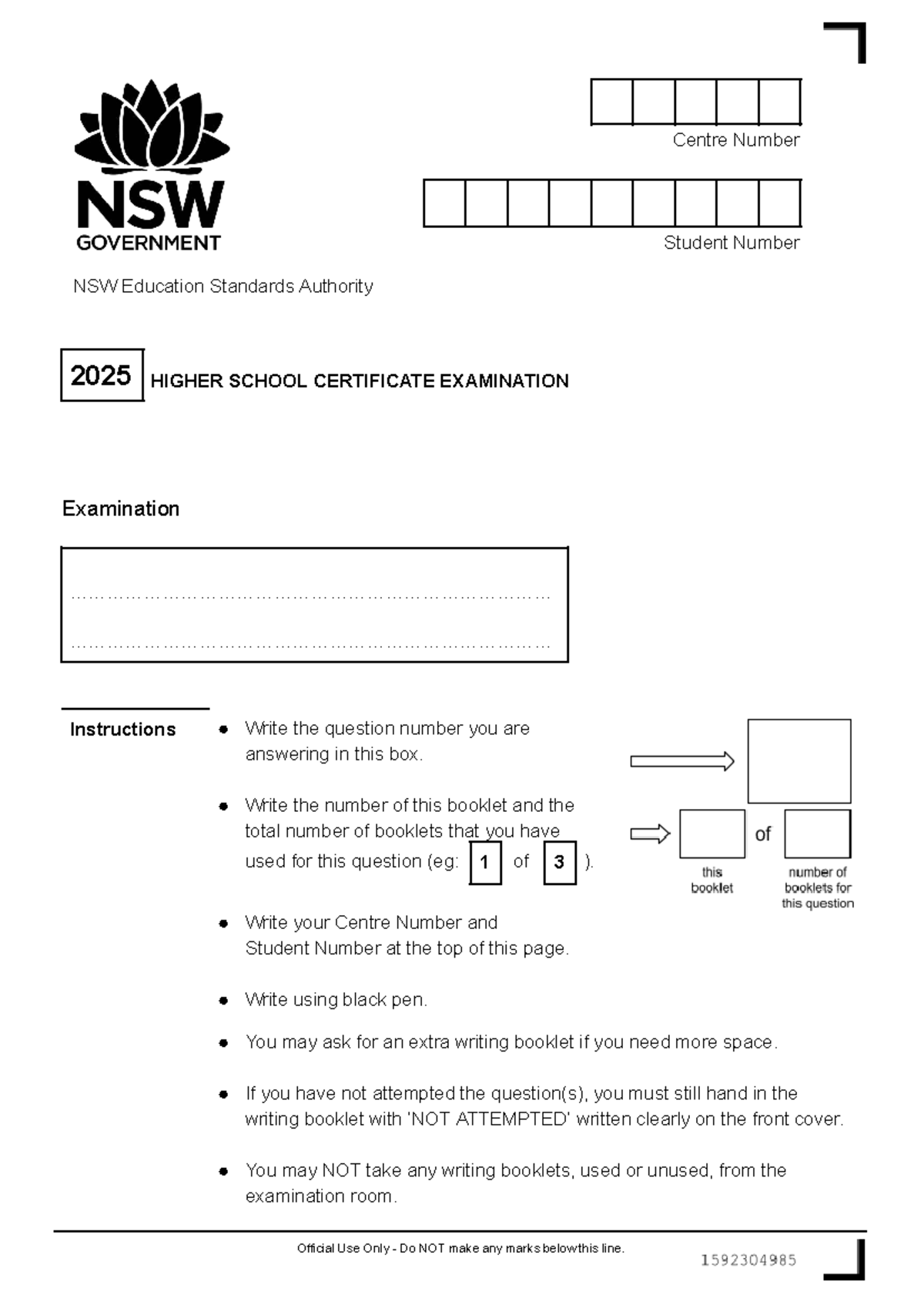 HSC 2025 Exam Instructions: Extended Response Writing Booklets - Studocu