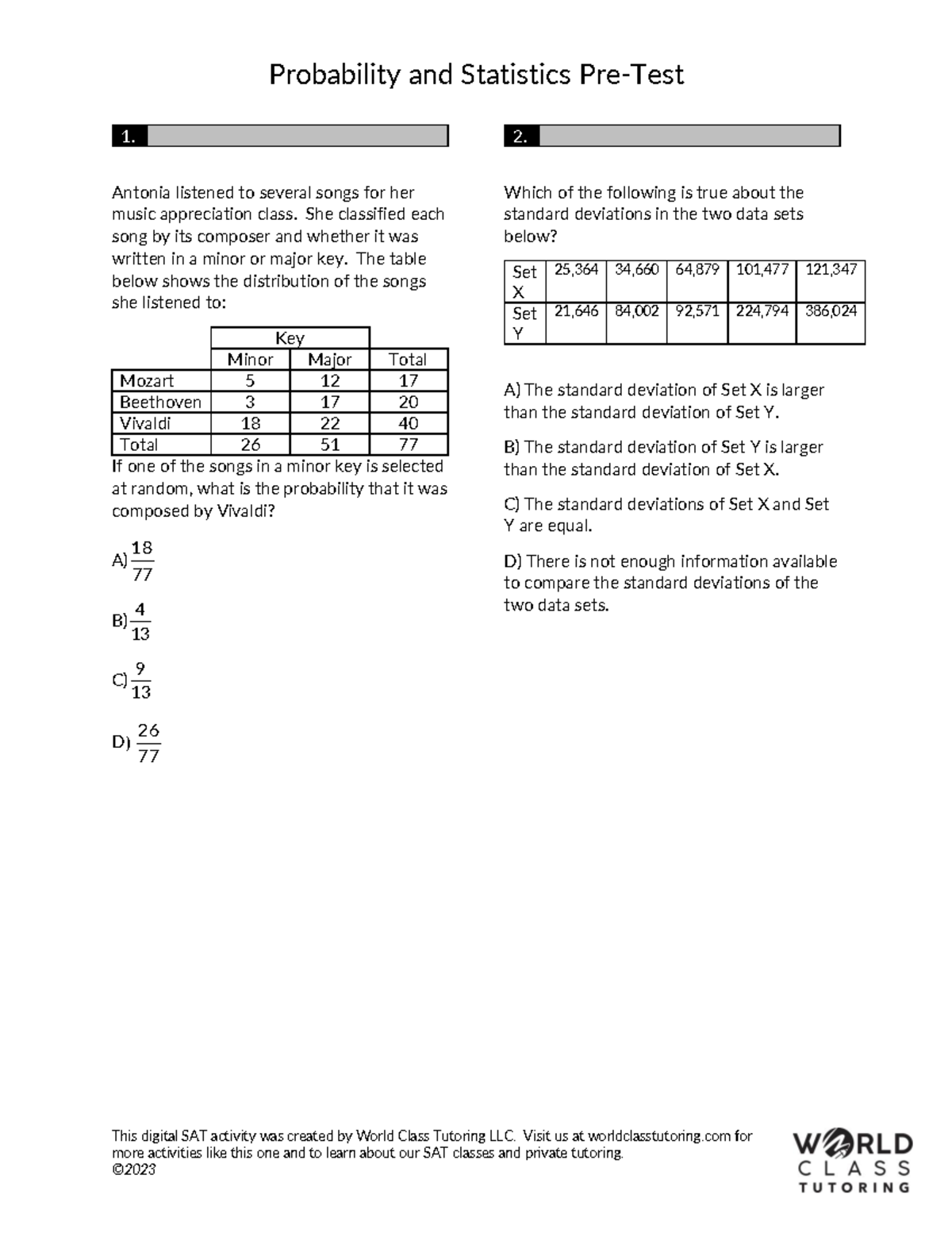 SAT Probability & Stats Pre-Test: Questions & Answers Guide - Studocu