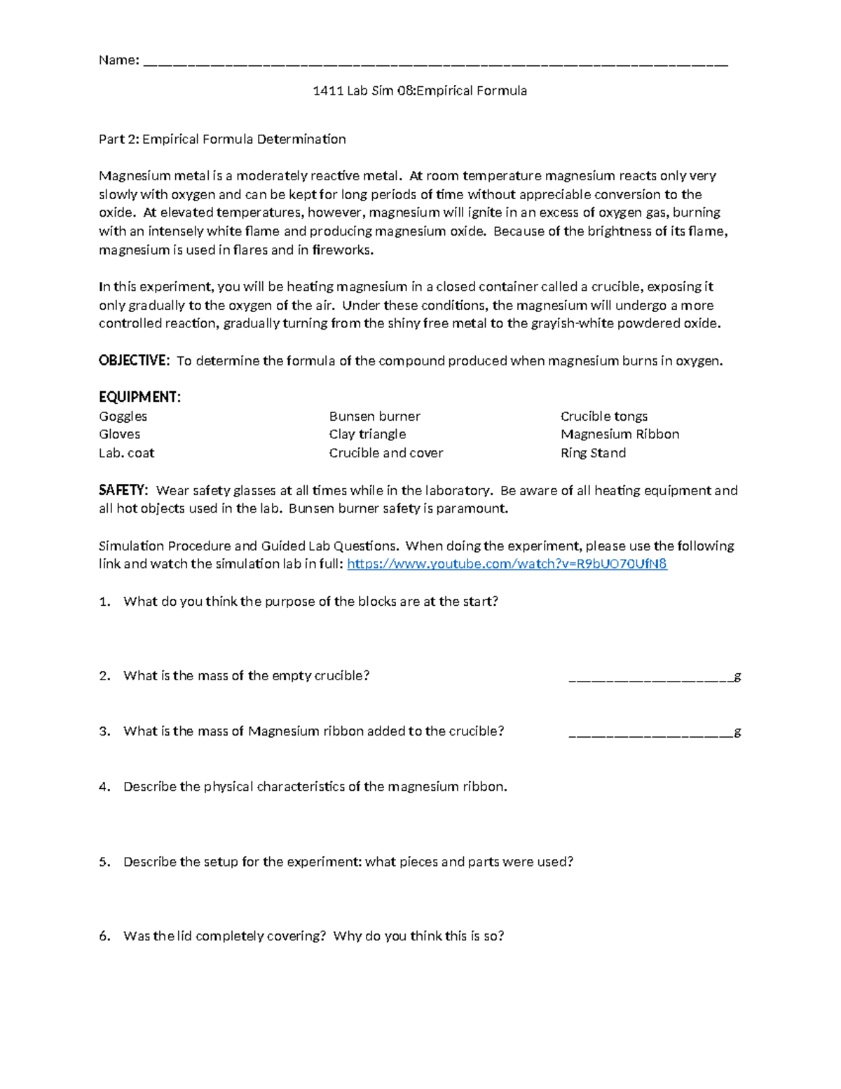 1411 Lab Sim 08: Empirical Formula Determination of Mg Oxide - Studocu