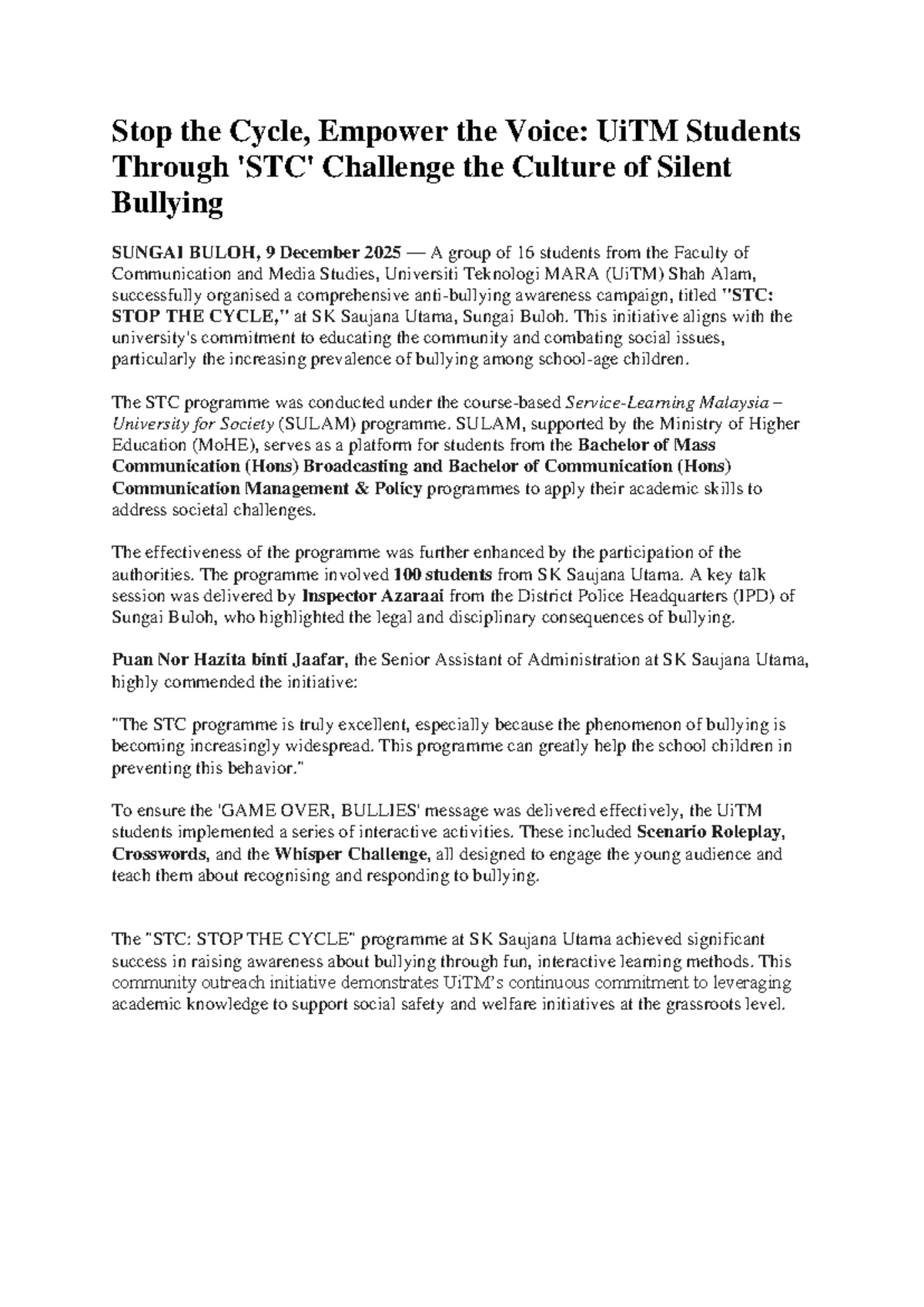 Press Release: STC Campaign Against Bullying by UiTM Students - Studocu