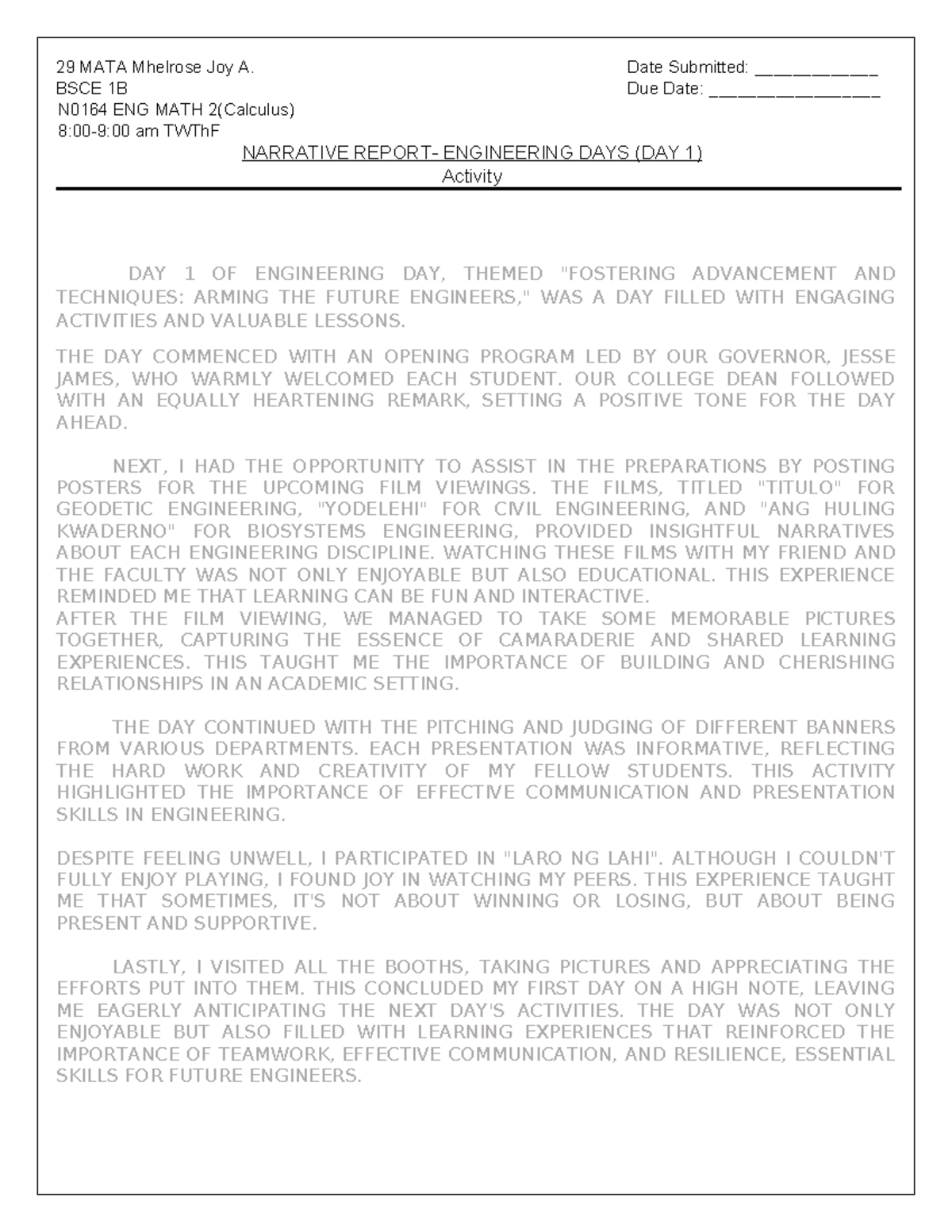 Narrative report - DAY 1 OF ENGINEERING DAY, THEMED "FOSTERING ...