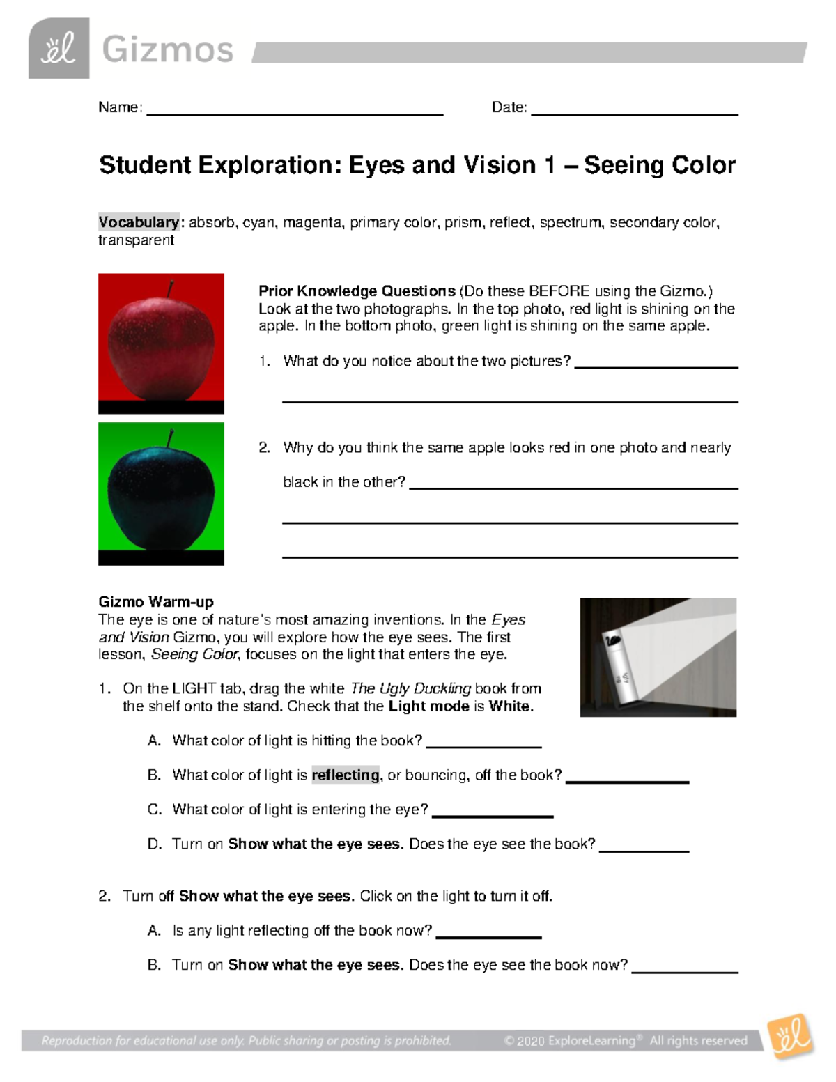 Gizmo - Eyes and Vision 1: Exploring Color Perception and Light - Studocu