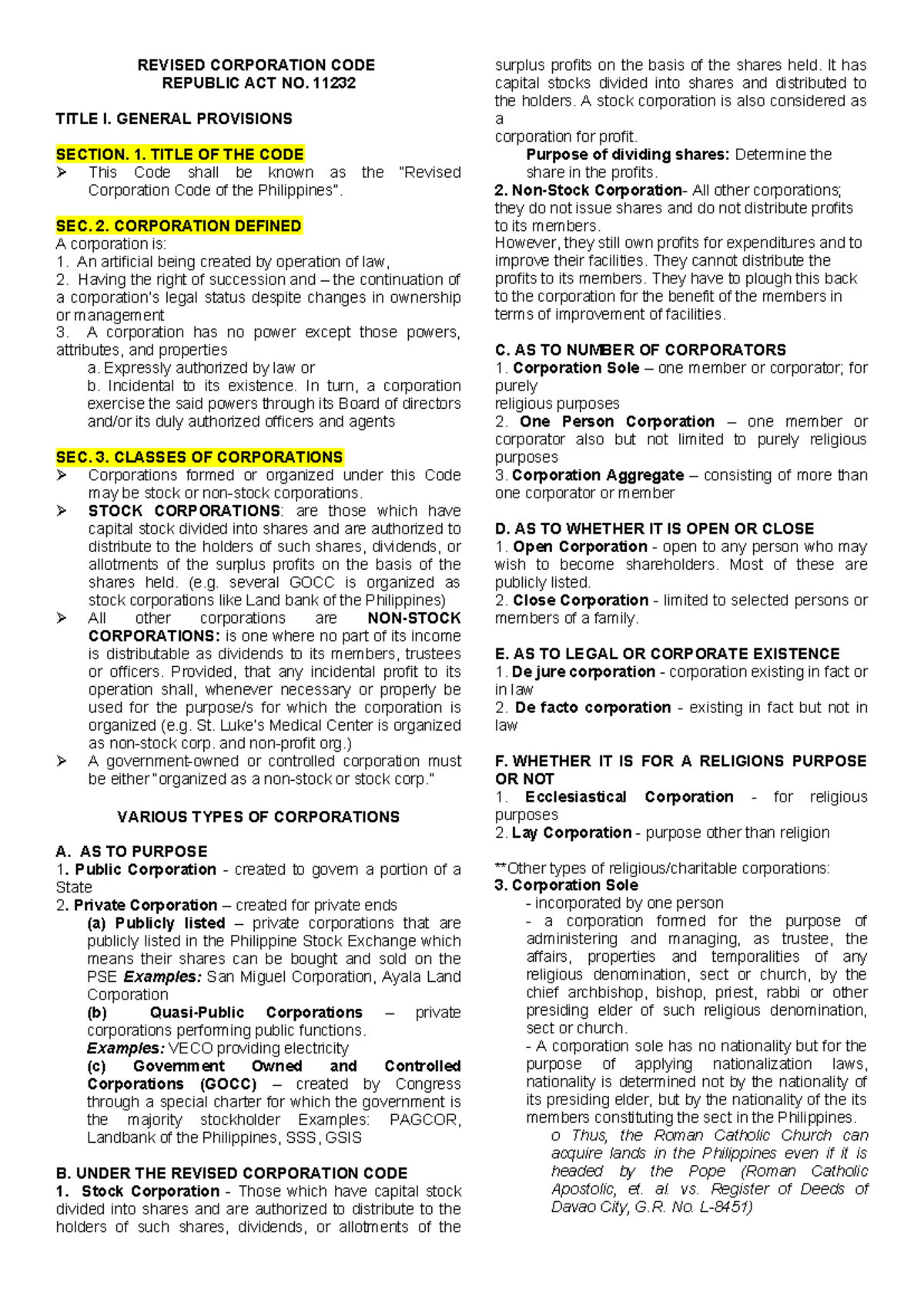 Revised Corporation Code Notes (623538380): Key Provisions and ...