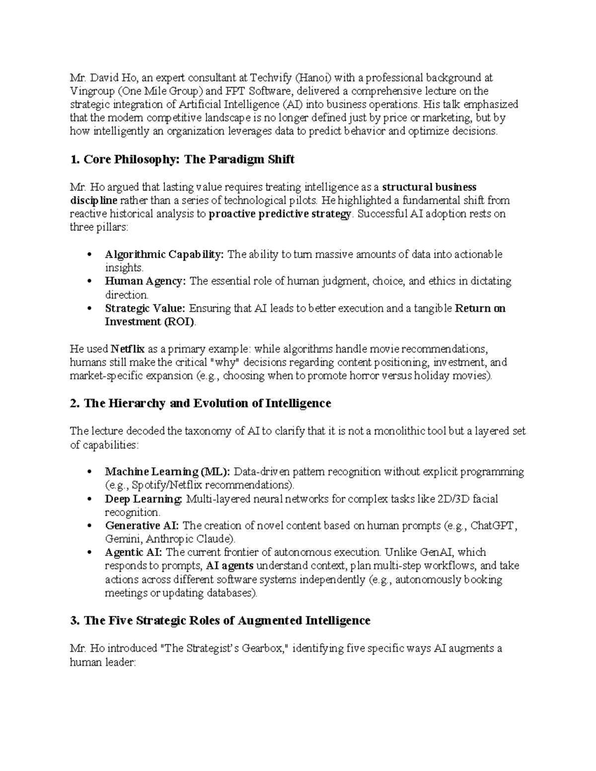 David Ho's Lecture on AI Integration in Business Operations - Studocu