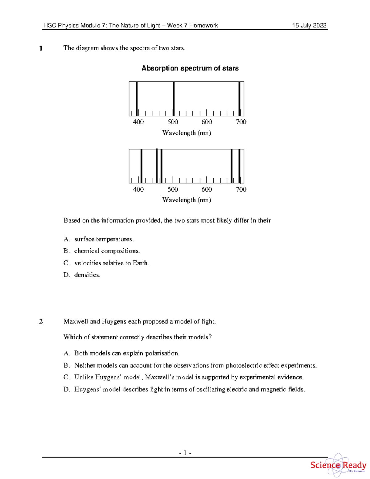HSC Physics Module 7: The Nature of Light Week 7 Homework - Studocu