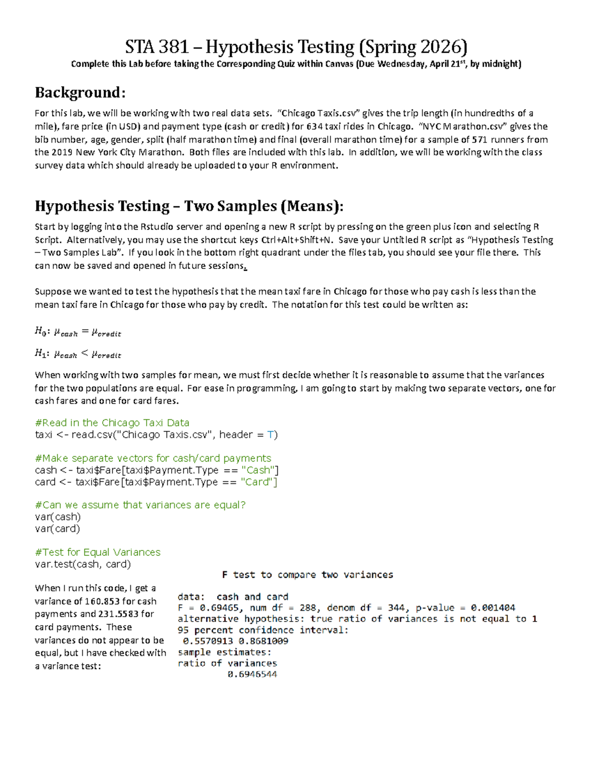 STA 381 Hypothesis Testing Lab: Two Samples Analysis (Spring 2026 ...