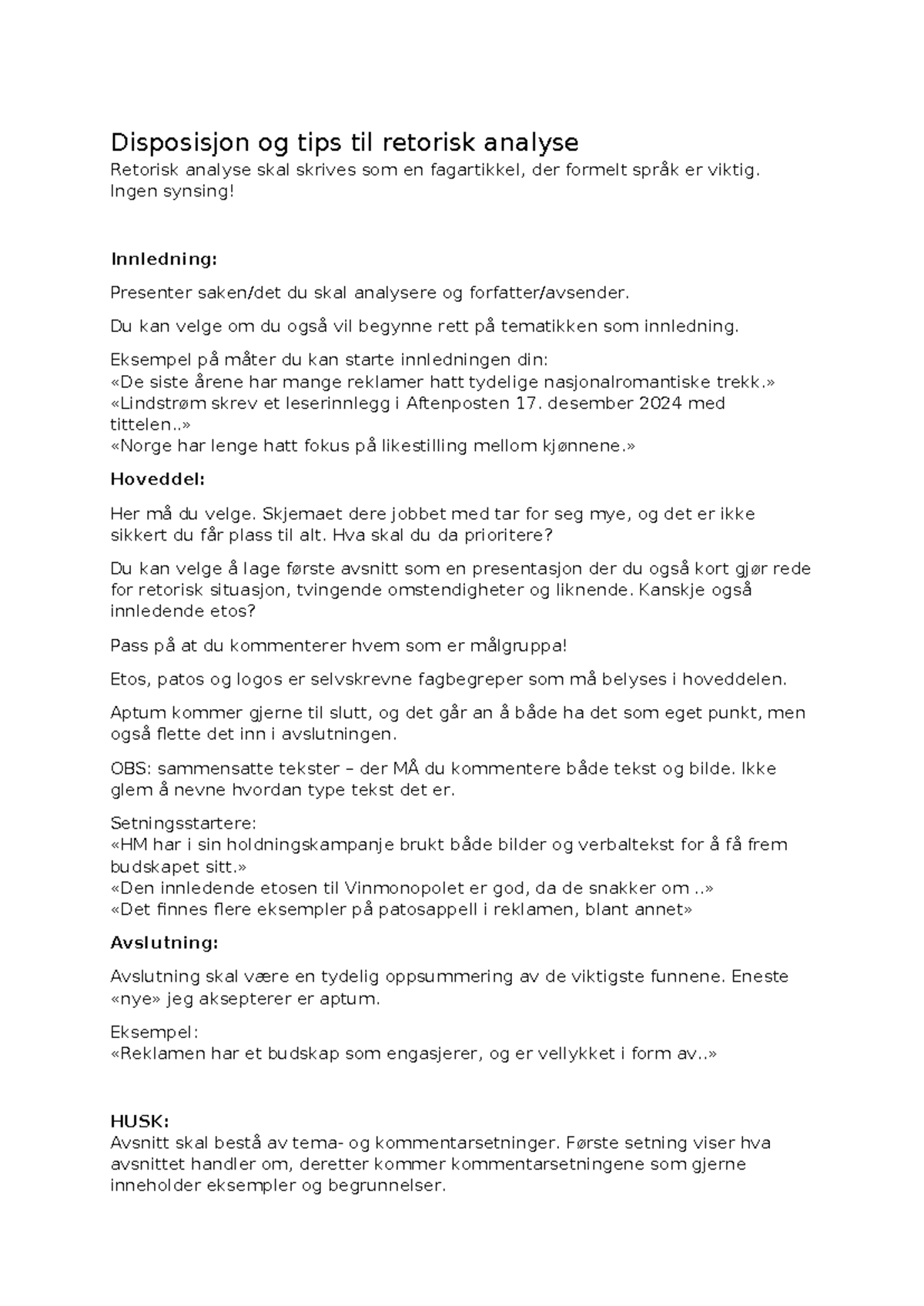 Retorisk Analyse: Disposisjon og Tips for Fagartikkel (Kurskode) - Studocu