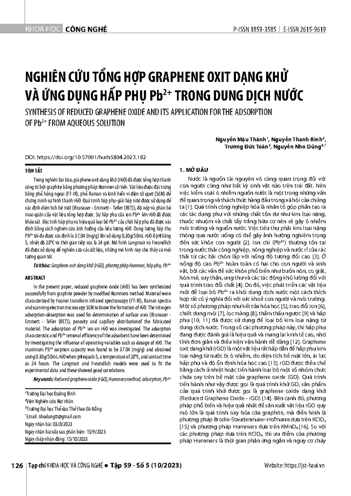 Tổng Hợp Graphene Oxit Dạng Khử (rGO) và Ứng Dụng Hấp Phụ (KHOA HỌC ...