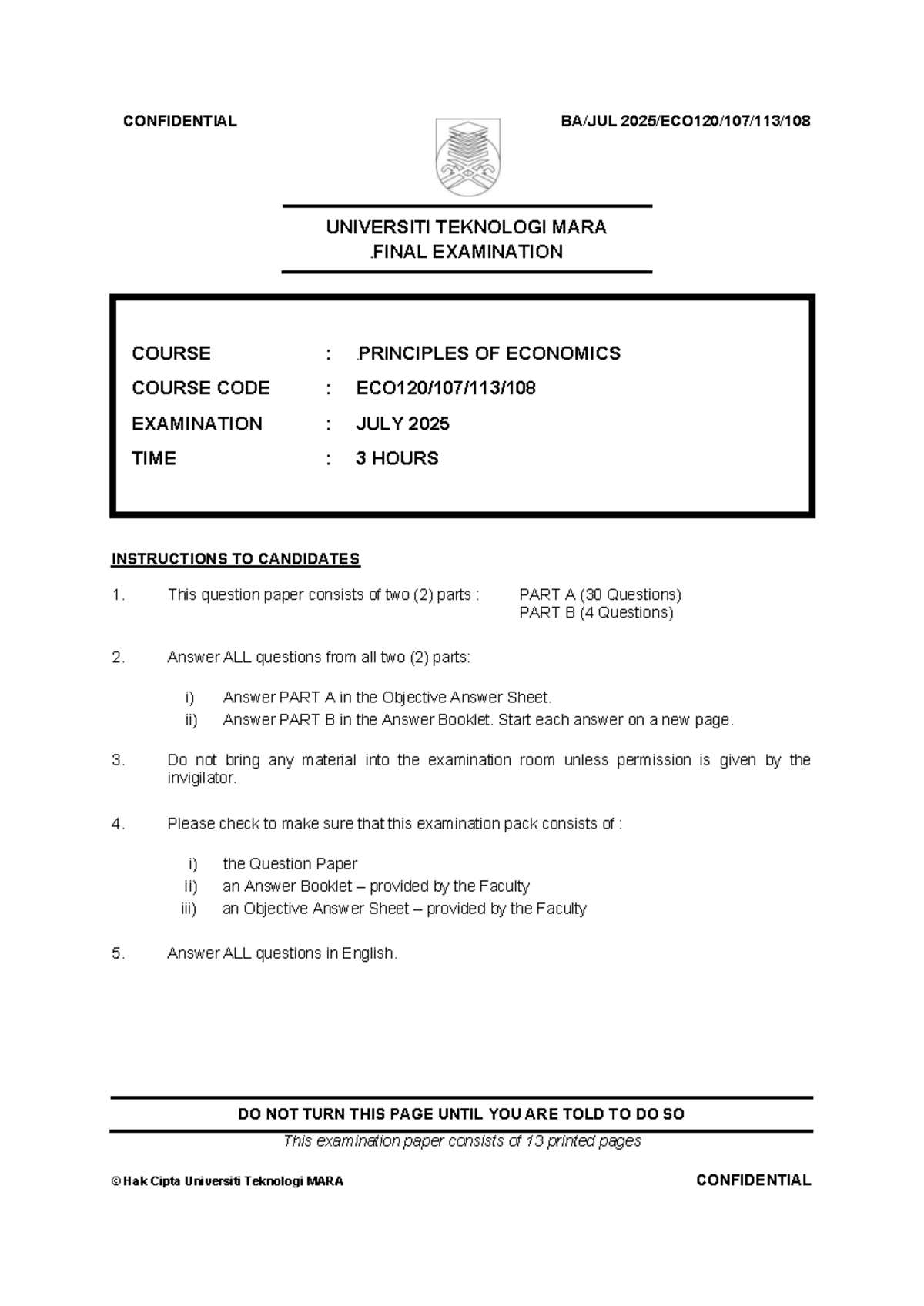 Final Exam ECO120: Principles of Economics - July 2025 - Studocu