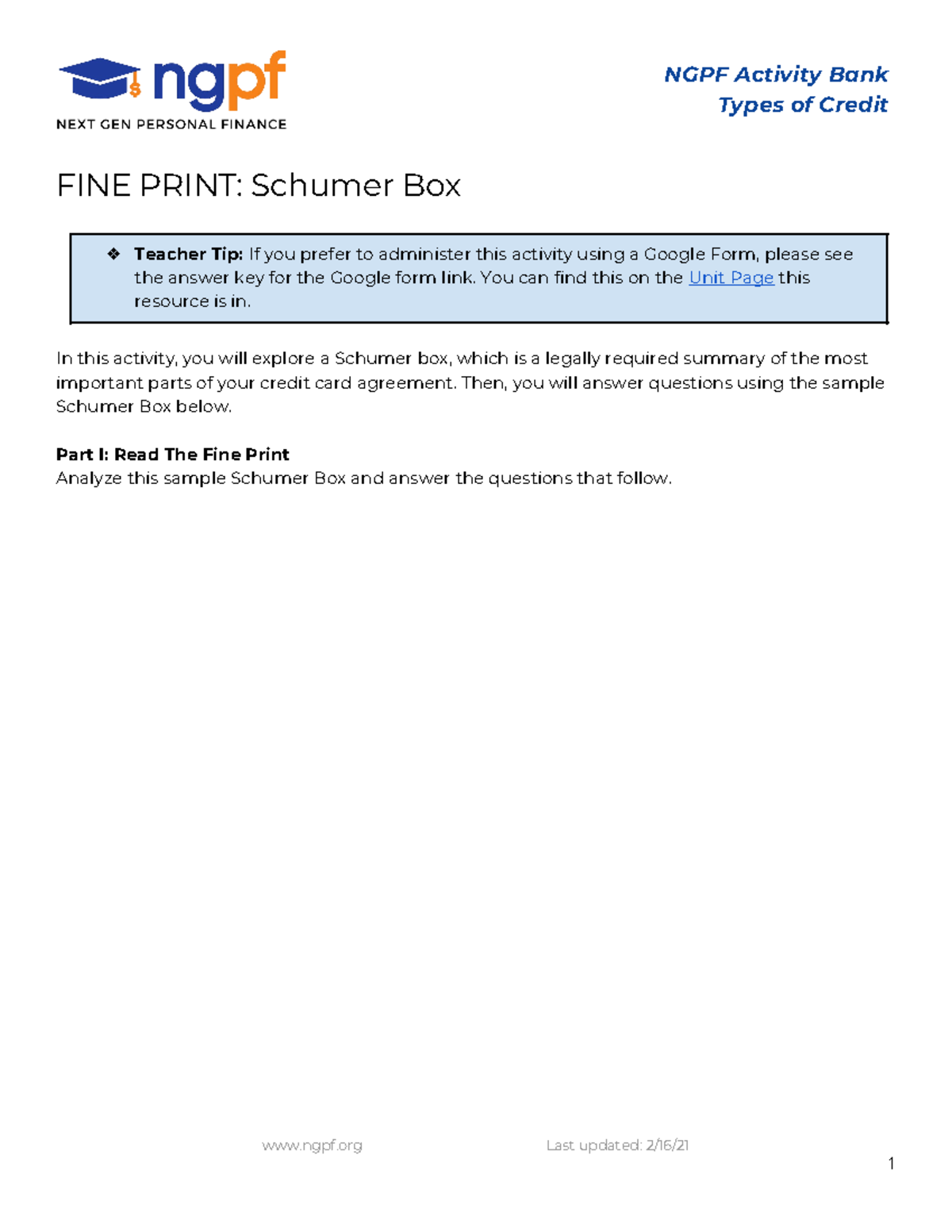 FINE Print NGPF Activity: Understanding the Schumer Box Details - Studocu